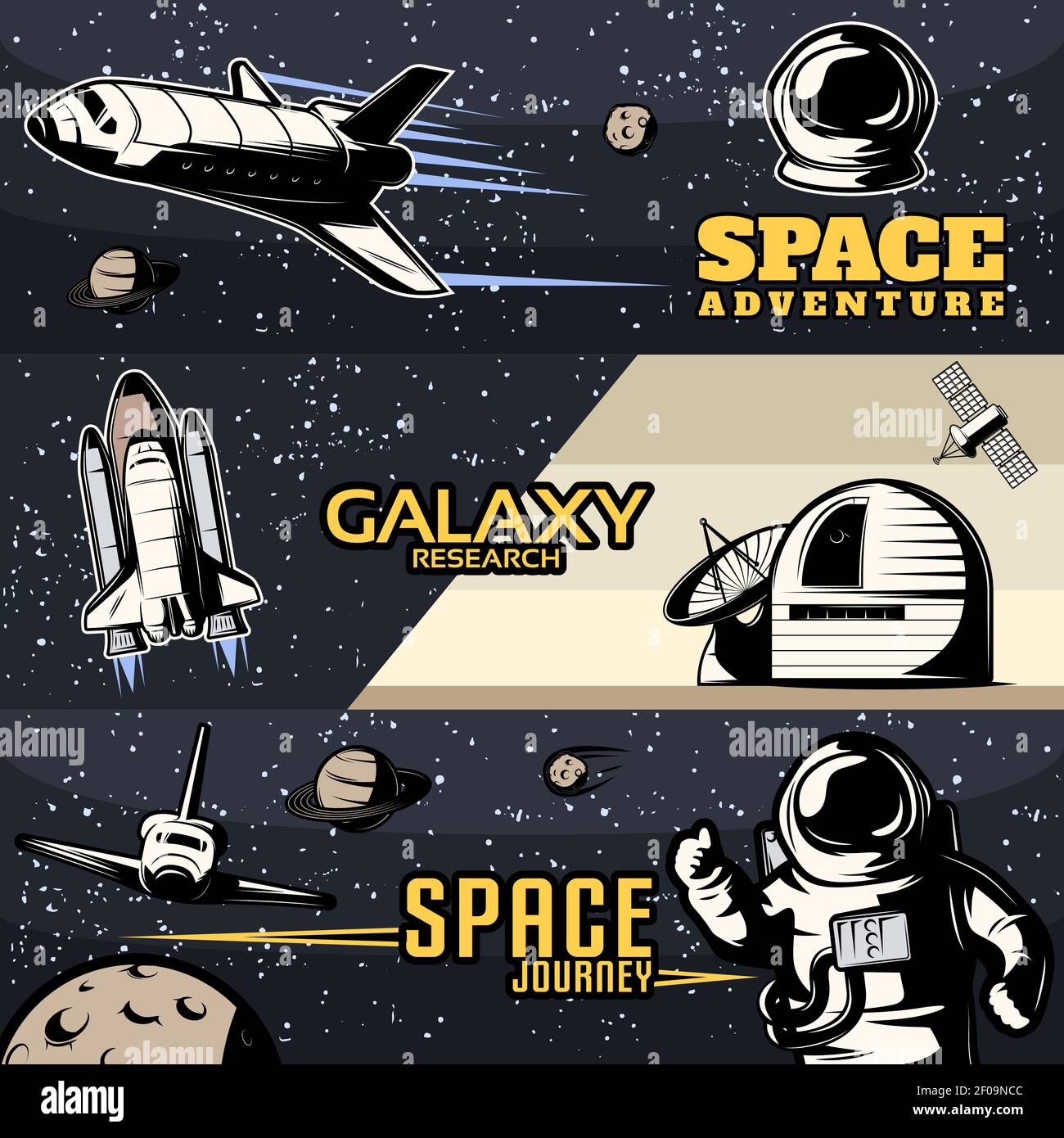 Space horizontal banners set with scientific equipment for galaxy ...
