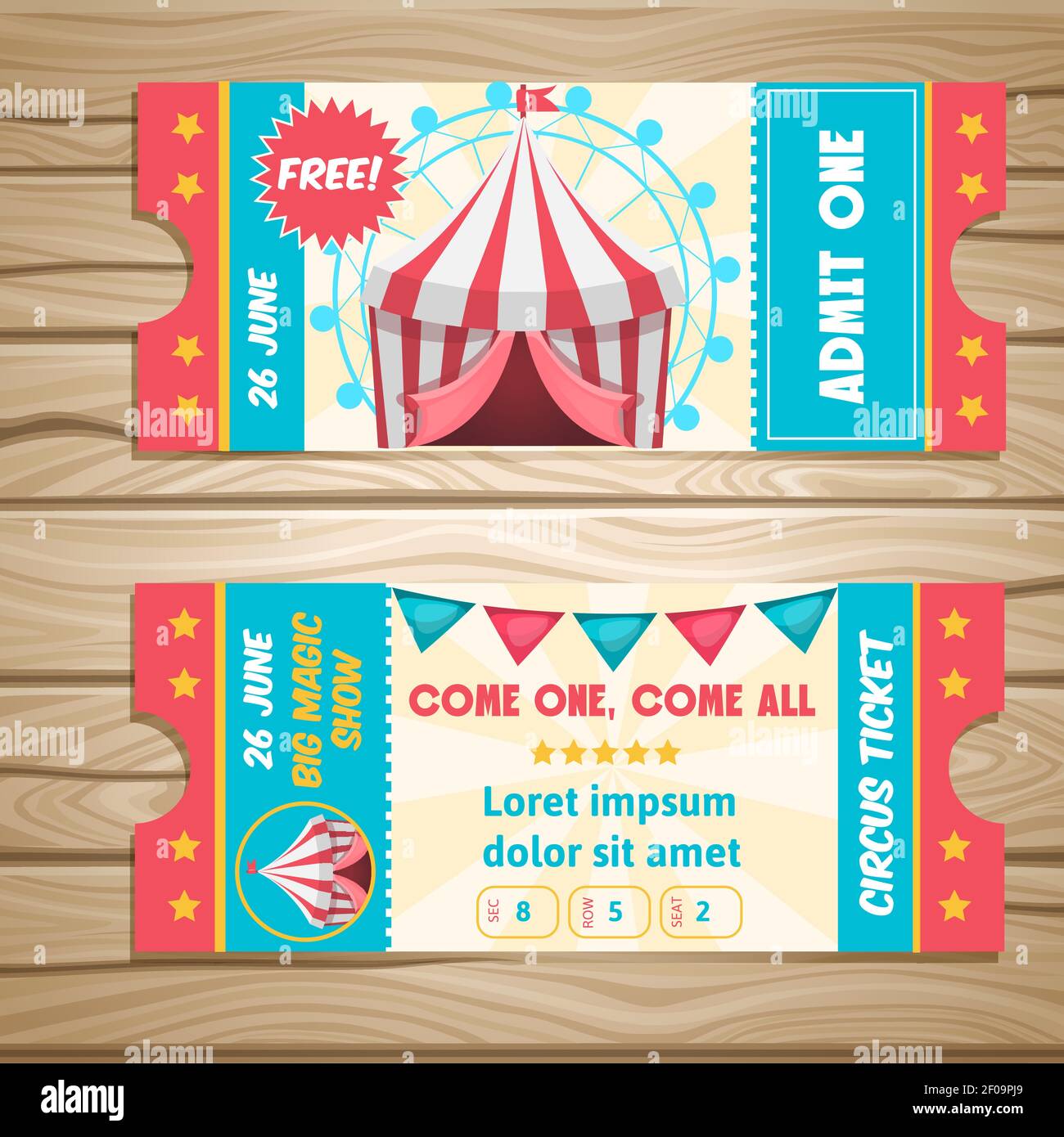 Event tickets for magic show in cartoon style with circus tent flags ...