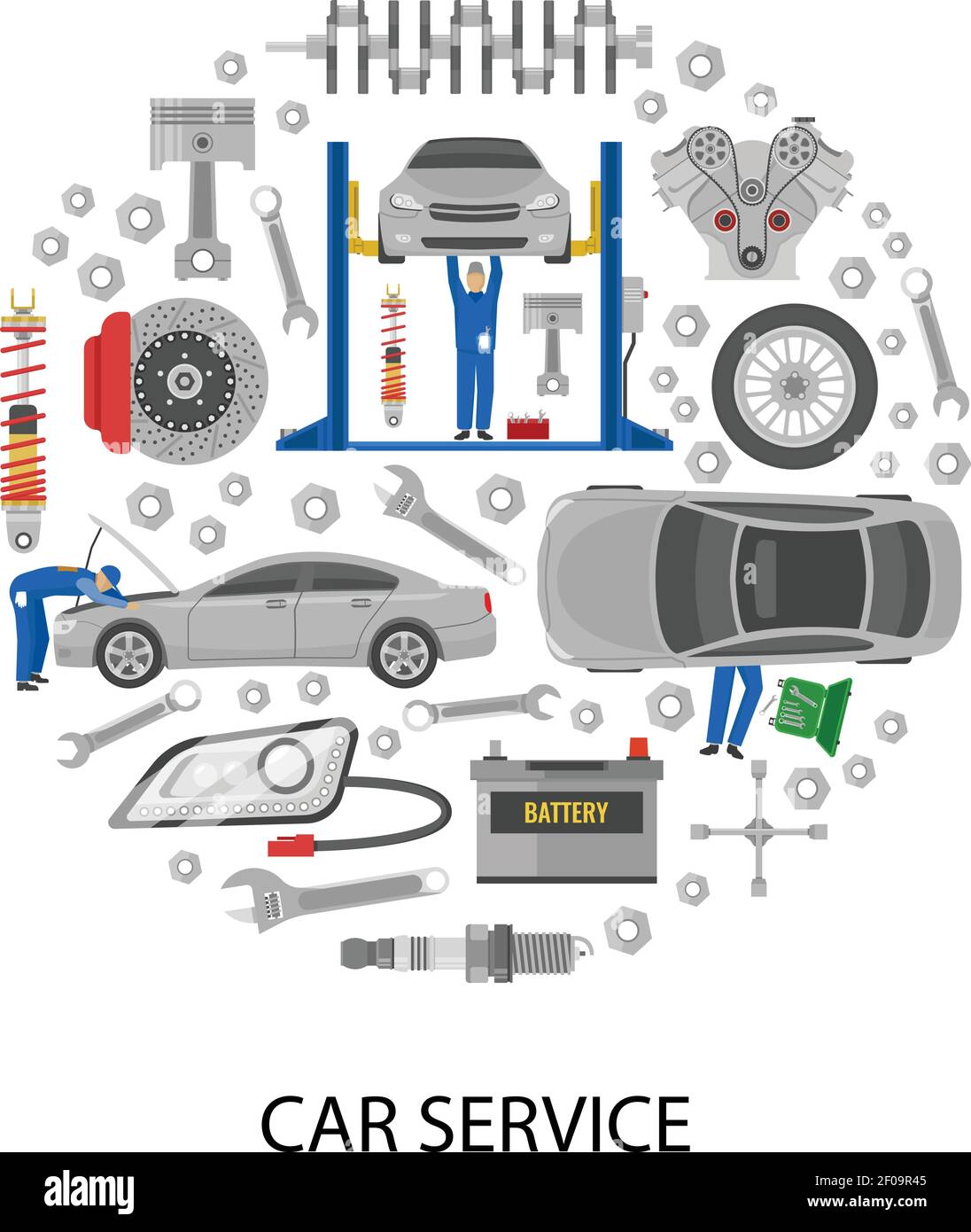 Auto service round design with cars mechanics work tools machine ...