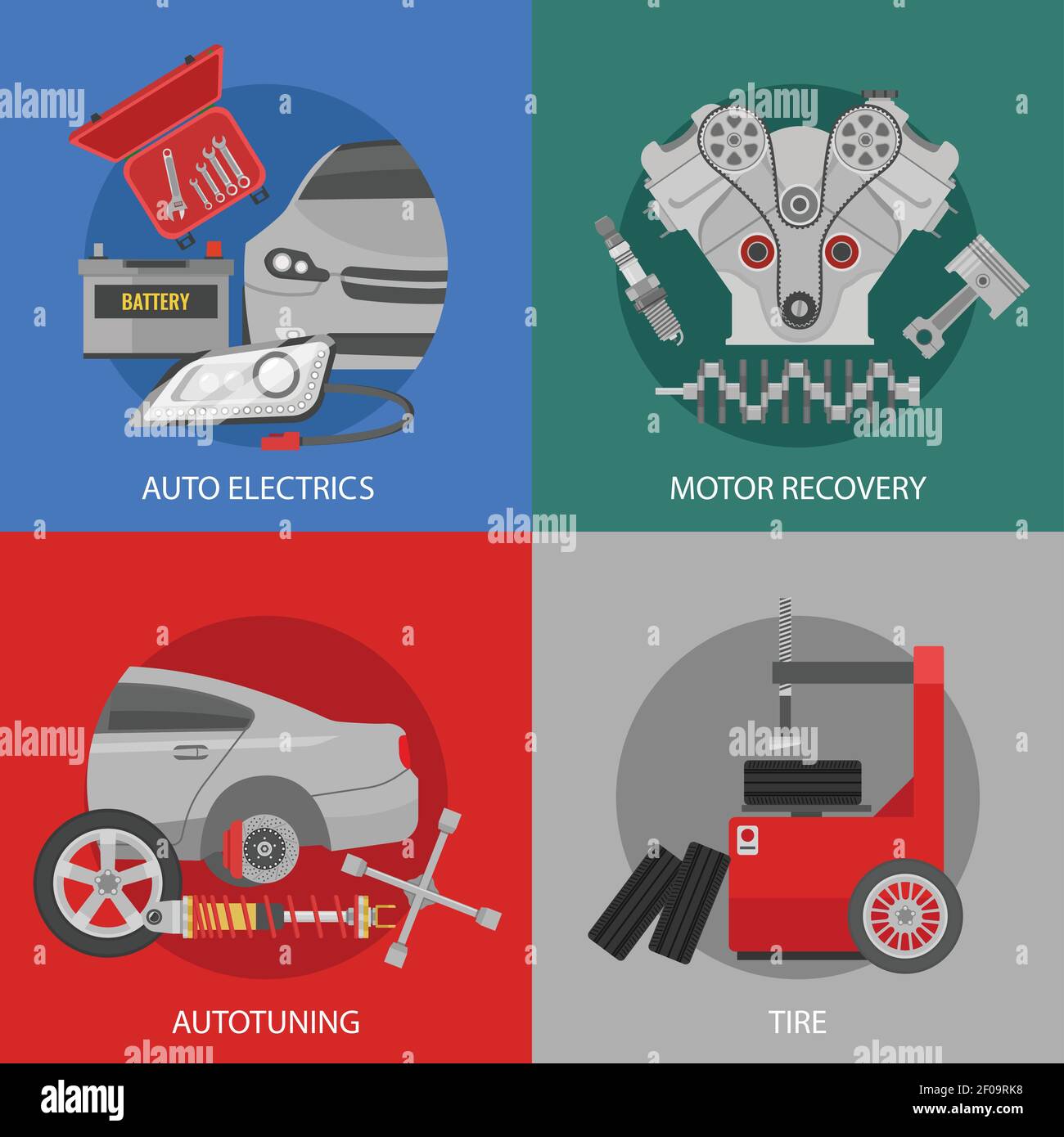 Flat professional car repair square composition with auto electric ...