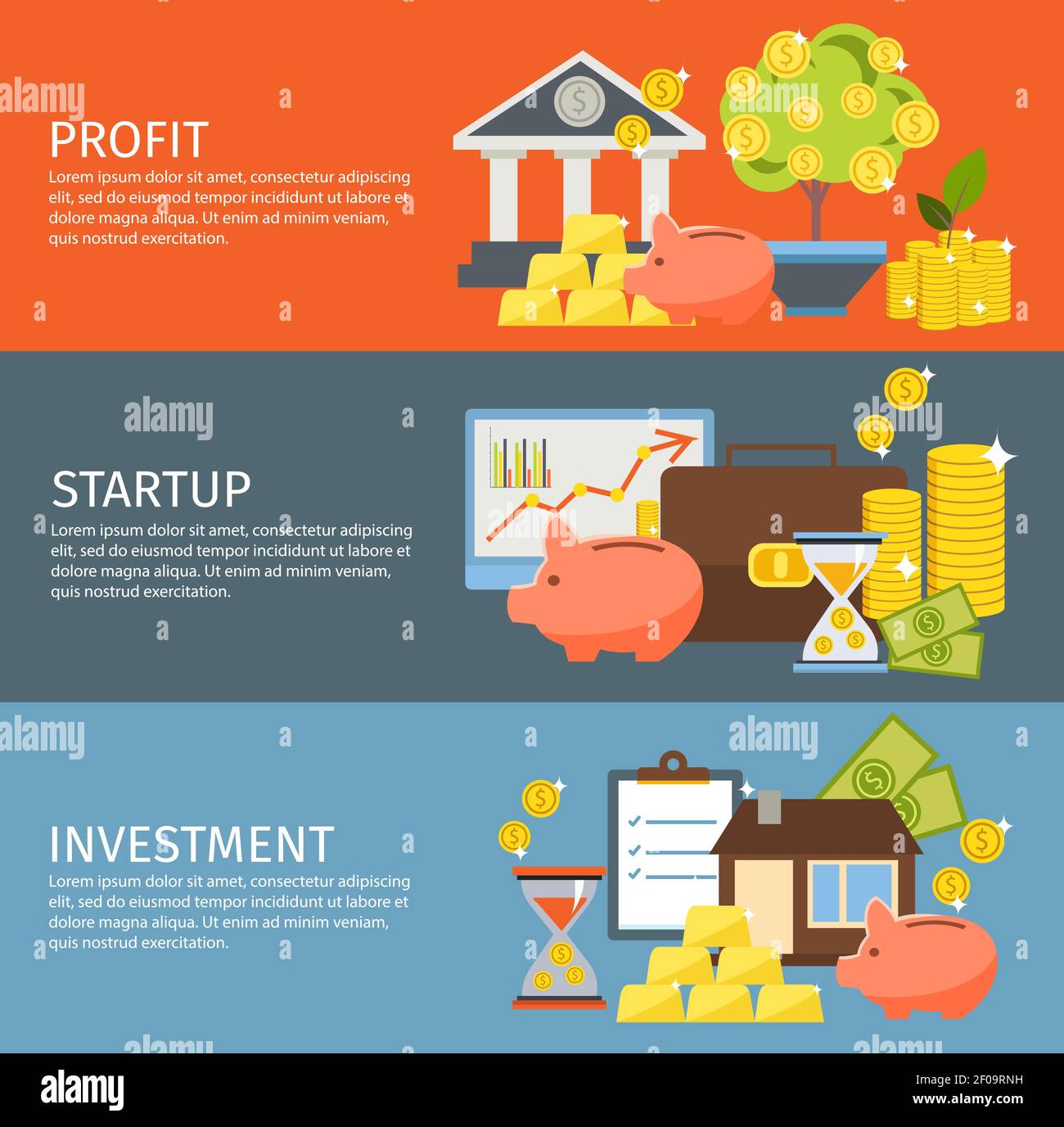 Three colored horizontal investment banner set with description of ...