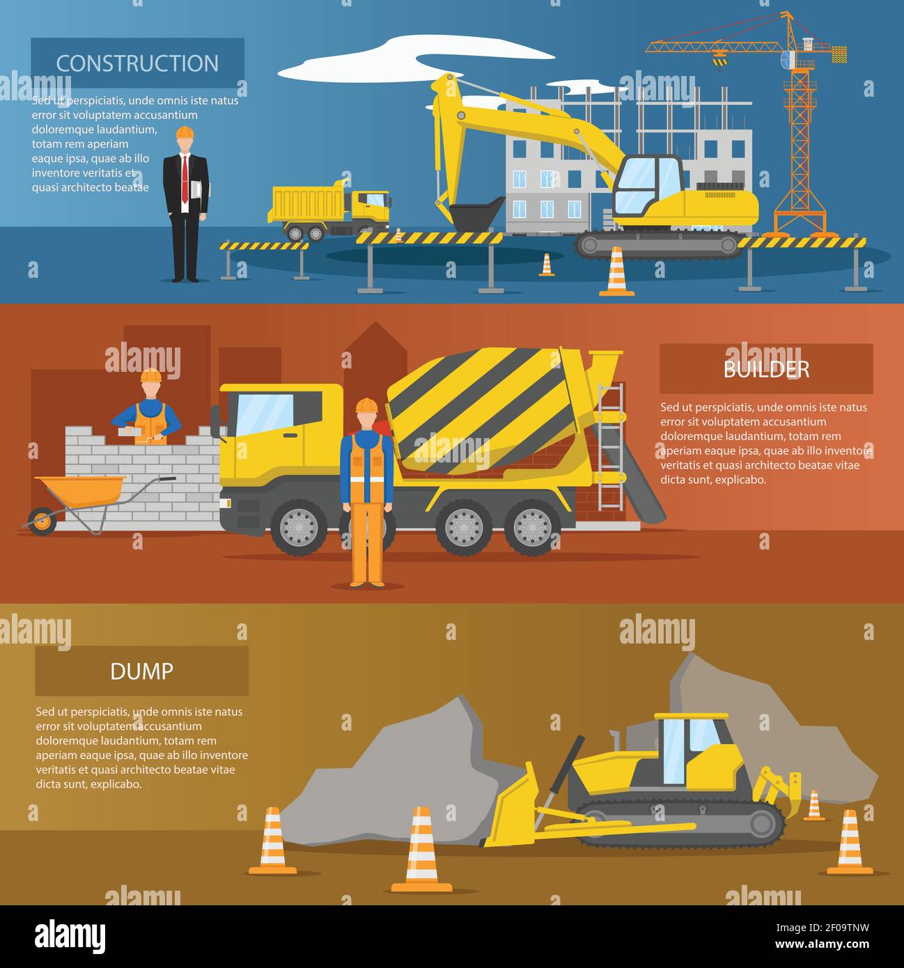 Construction horizontal banners set with process of facility creation ...