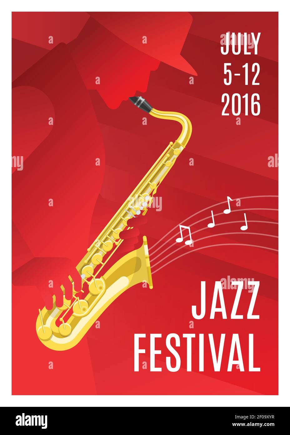 Jazz music poster with a saxophone notes on red background and the ...