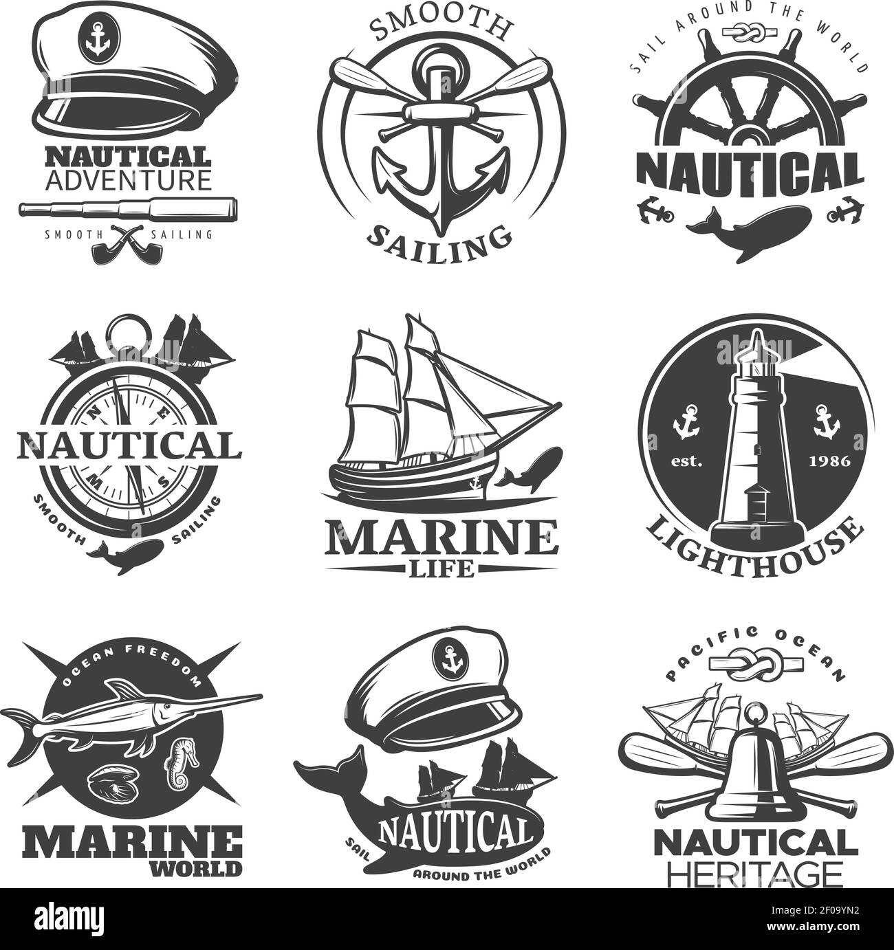 Nautical emblem set with sail around the world marine life lighthouse ...