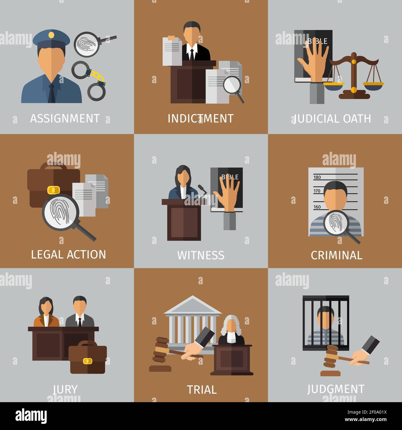 Judicial system colored icon set with descriptions of assignment ...