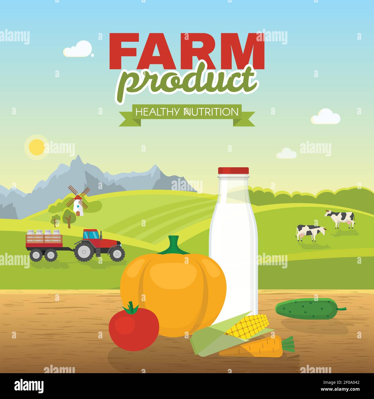 Healthy nutrition poster with dairy product and vegetables on wooden ...