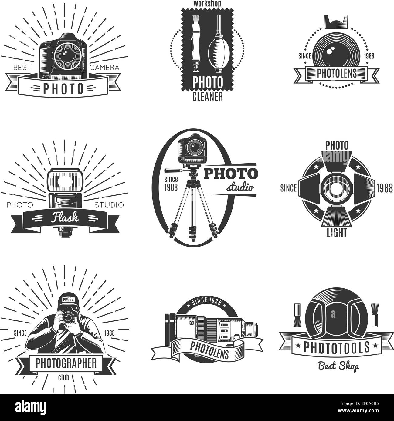 Black isolated vintage photographer label set with best camera workshop ...
