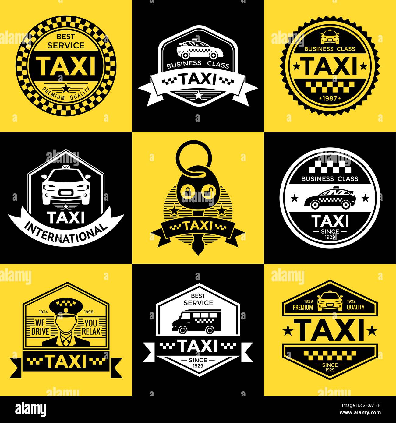 Taxi retro style labels with driver vehicle checkerboard pattern on ...