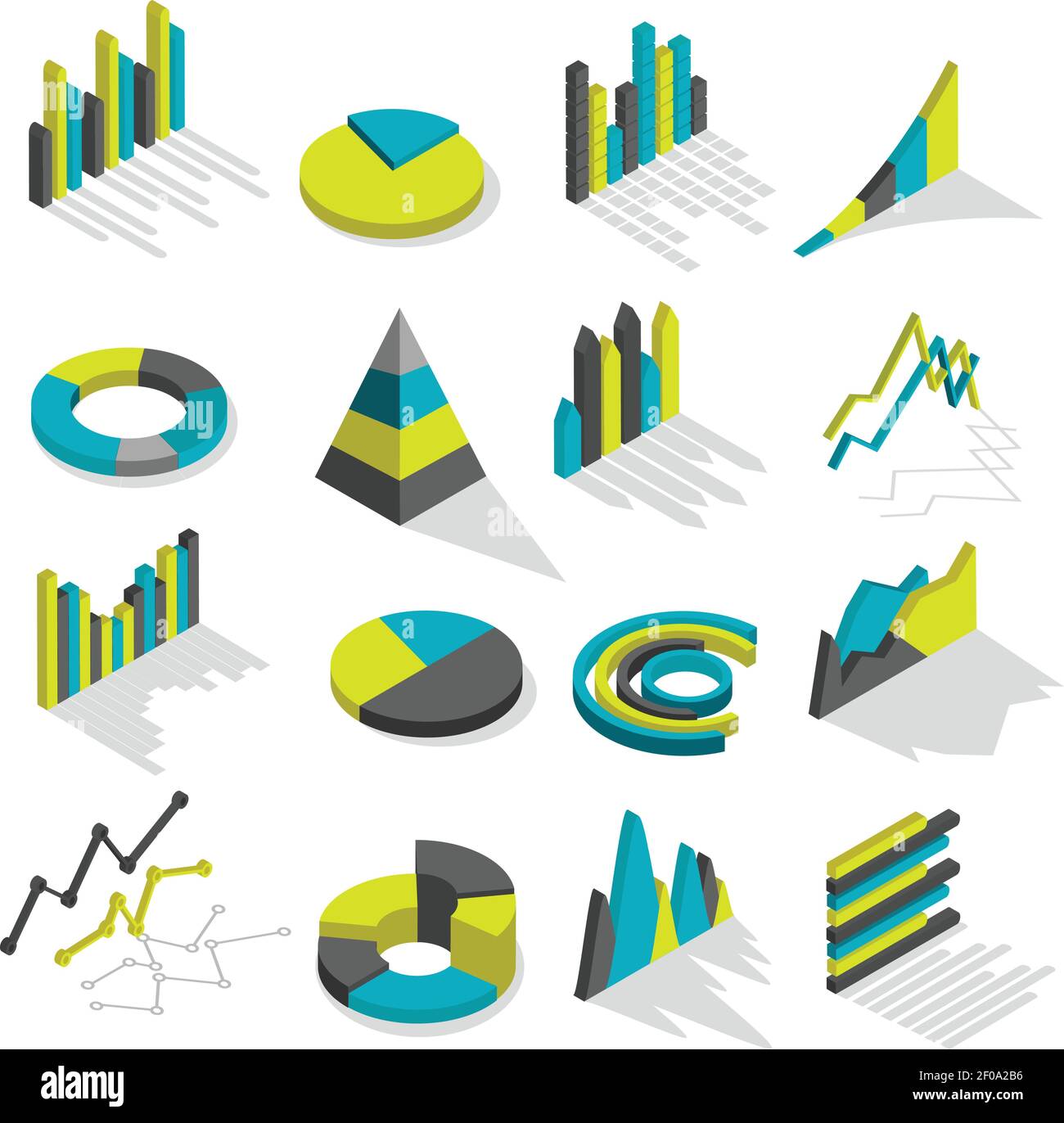 Isometric isolated and colored graphs icon set with shadows for ...