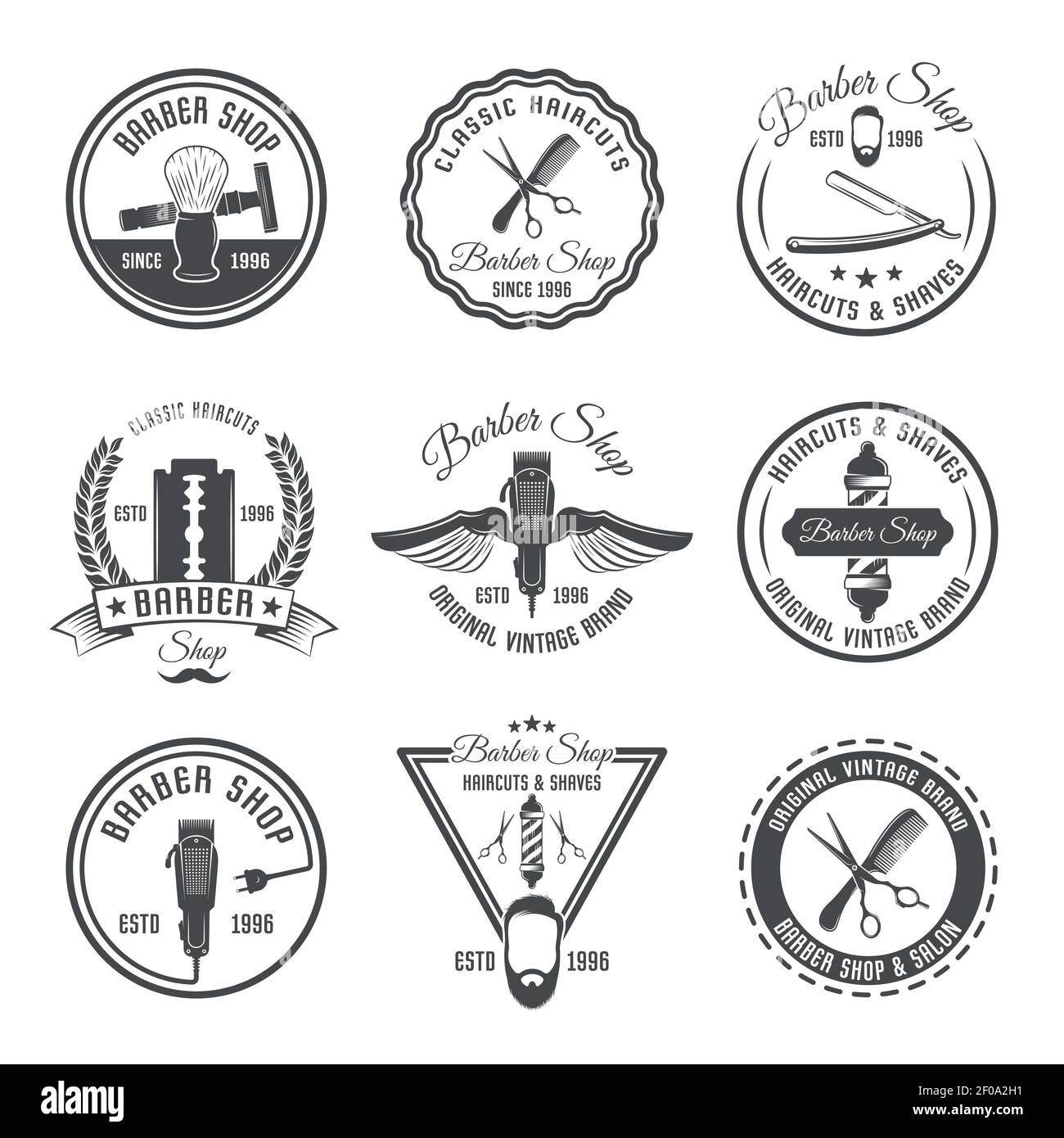 Gray barber emblem or label set with different shapes and hairdressing ...