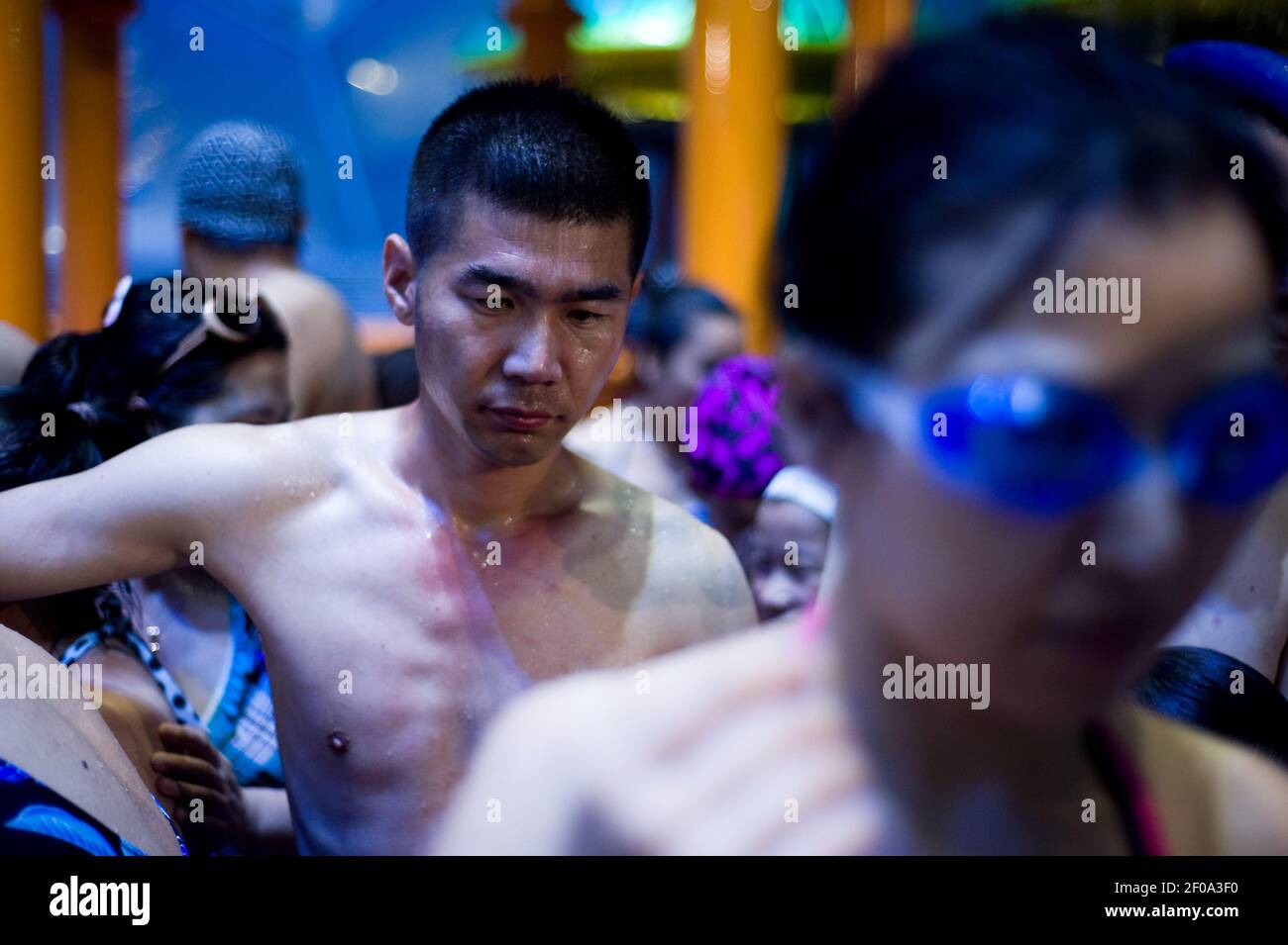 Swimmers are queuing to jump into one of the water slides at the Magic ...