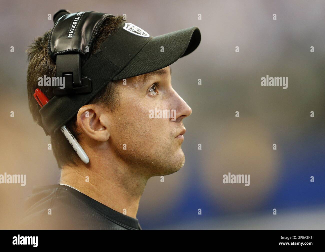 Oakland Raiders head coach Dennis Allen looks to the scoreboard in ...