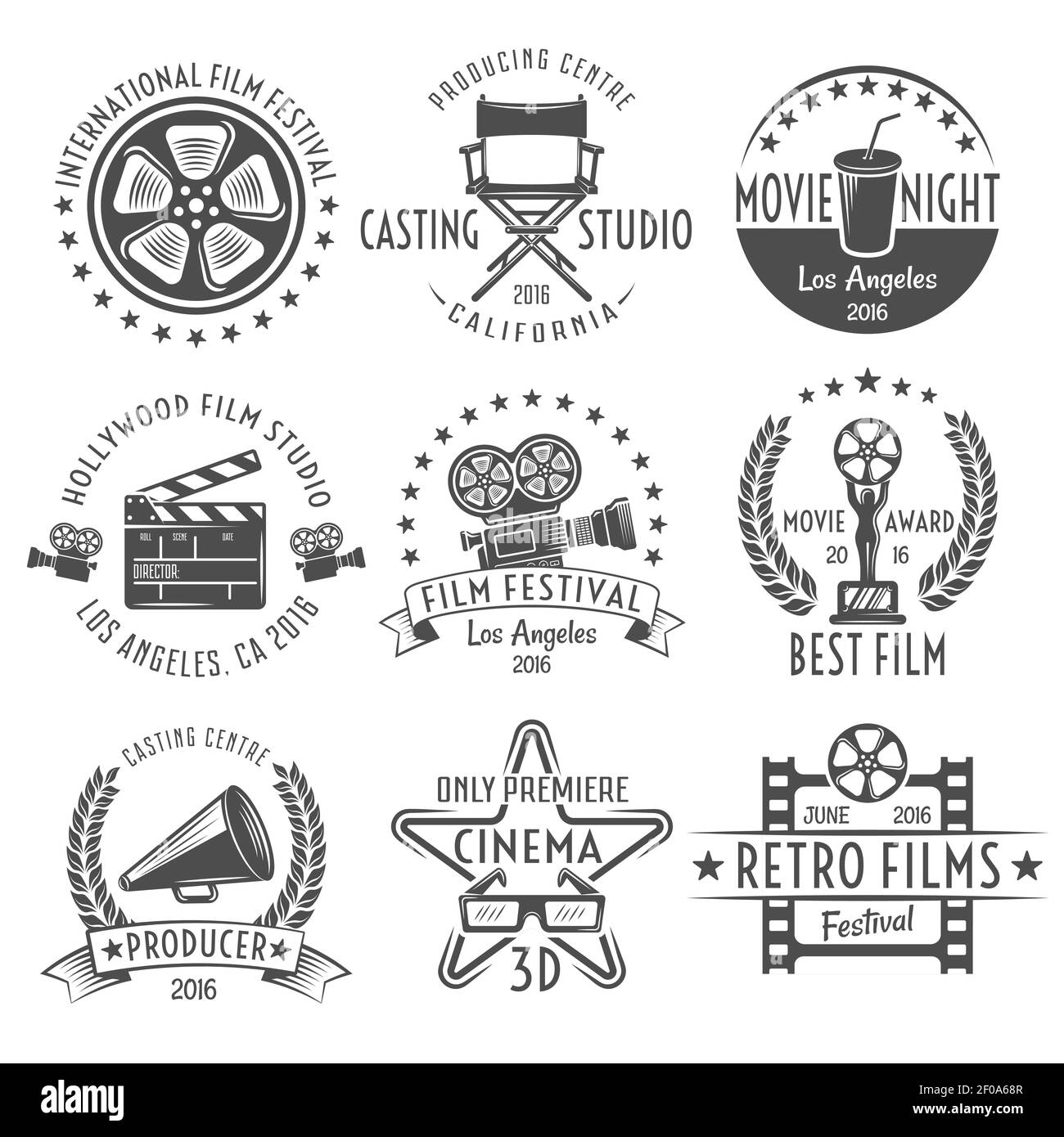 Movies black white emblems set with reel chair clapper megaphone award ...