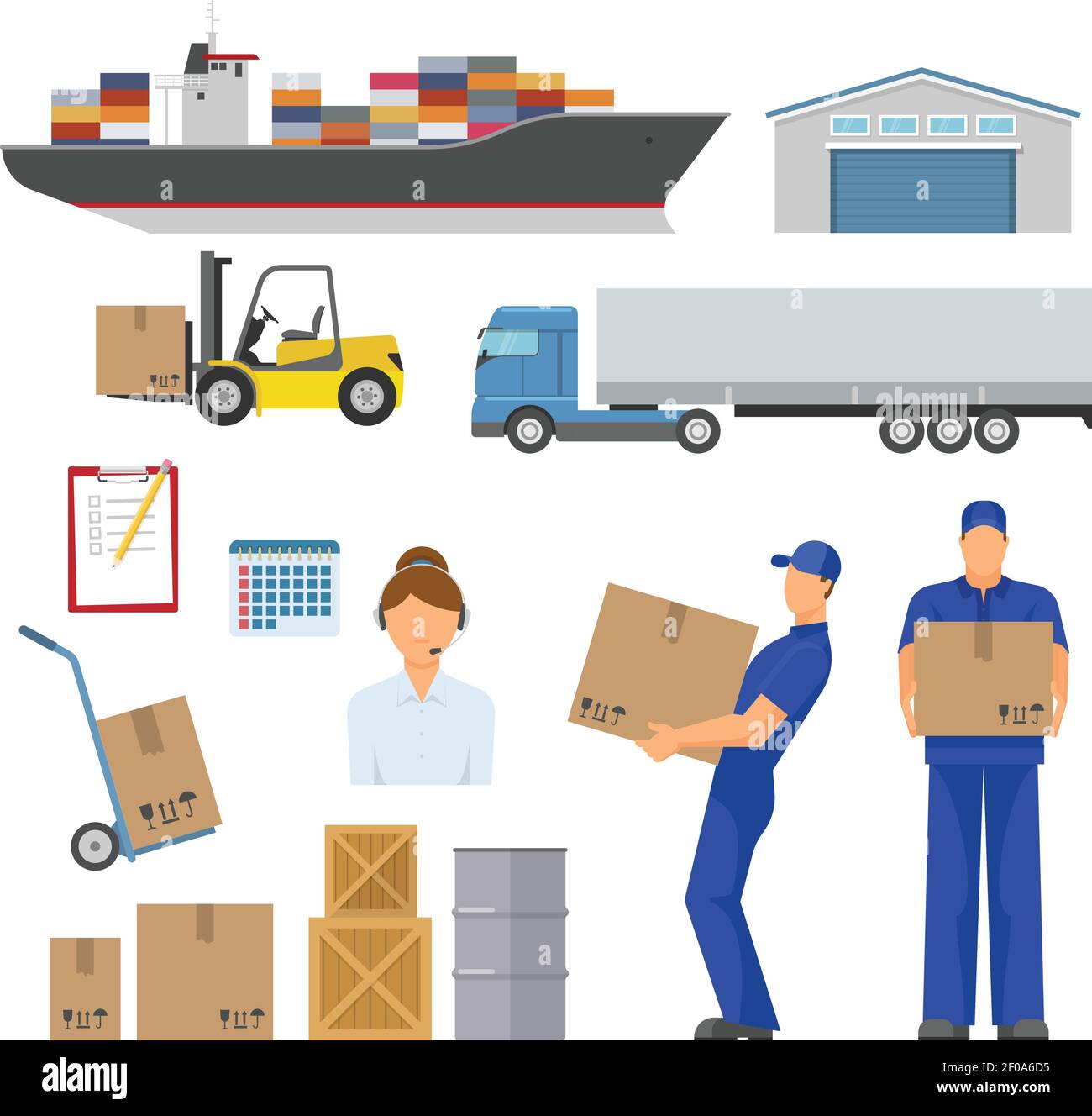 Logistics decorative flat icons set with ship warehouse loader truck ...