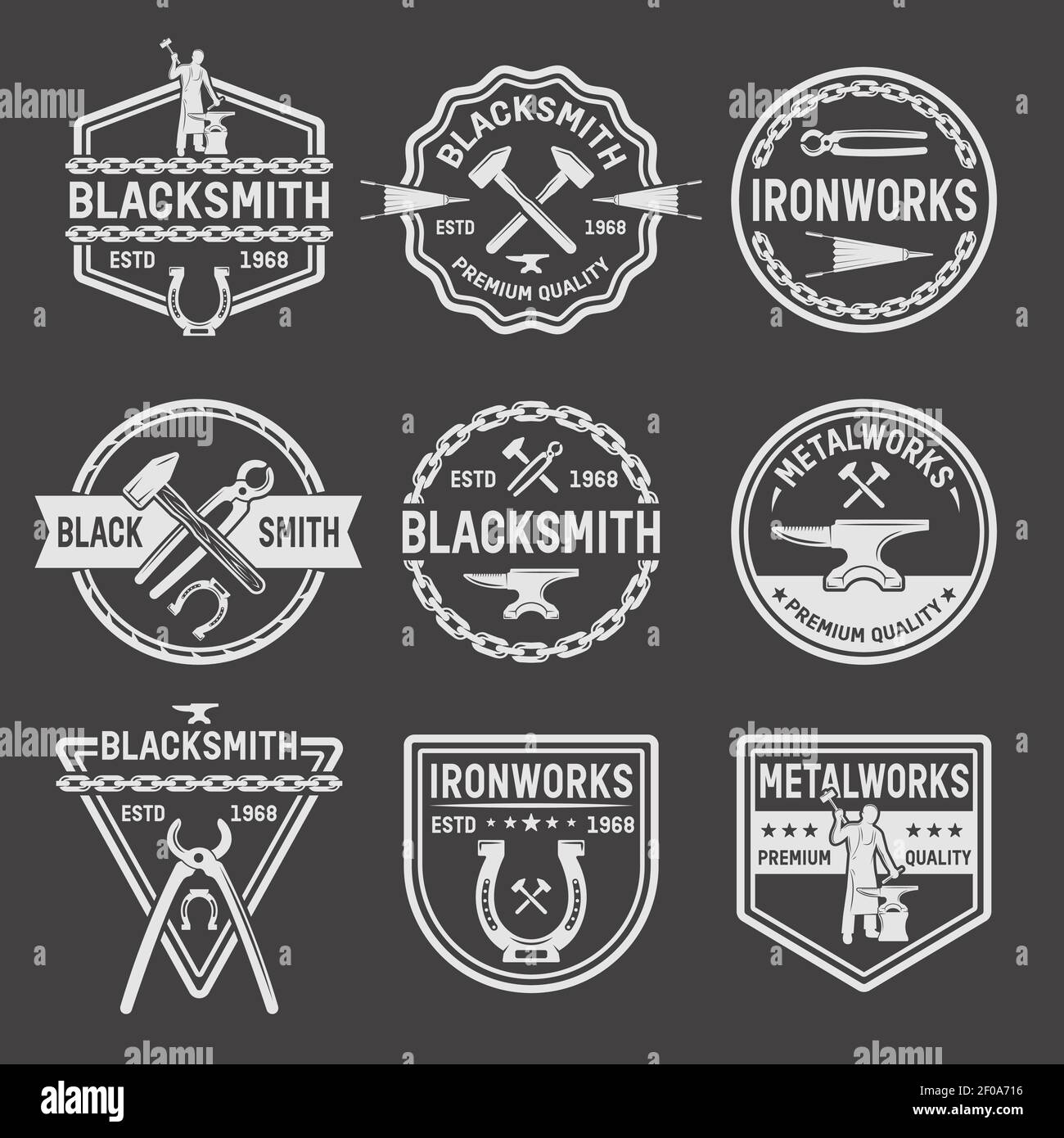 Blacksmith white emblems on black background with working master anvil ...