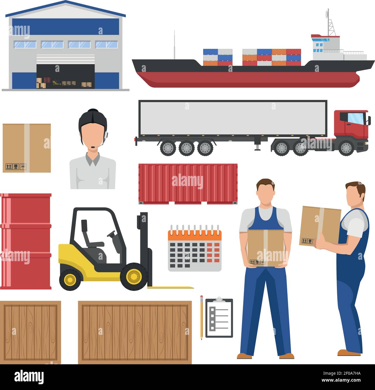Logistics flat elements set with warehouse goods in different ...