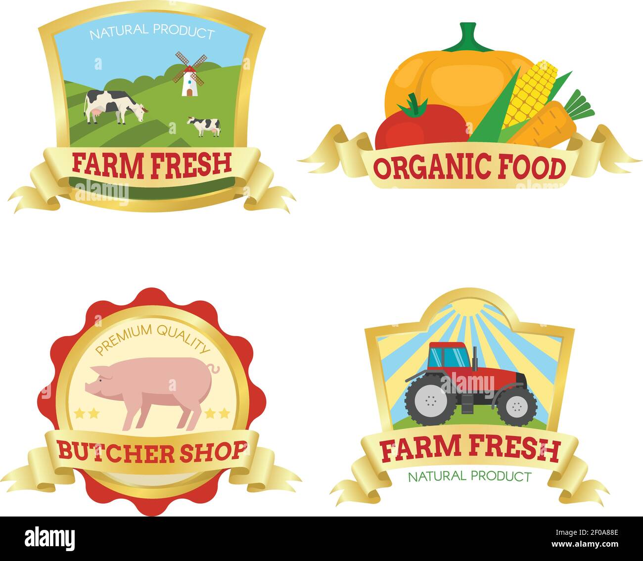 Farm food colorful emblems with agricultural landscape vegetables pig ...