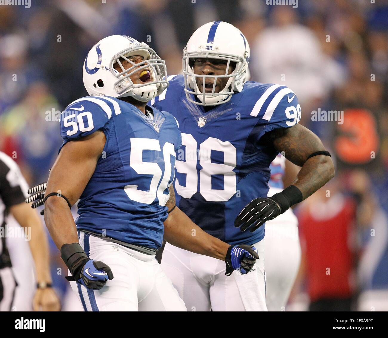 Indianapolis Colts inside linebacker Jerrell Freeman (50) reacts after ...