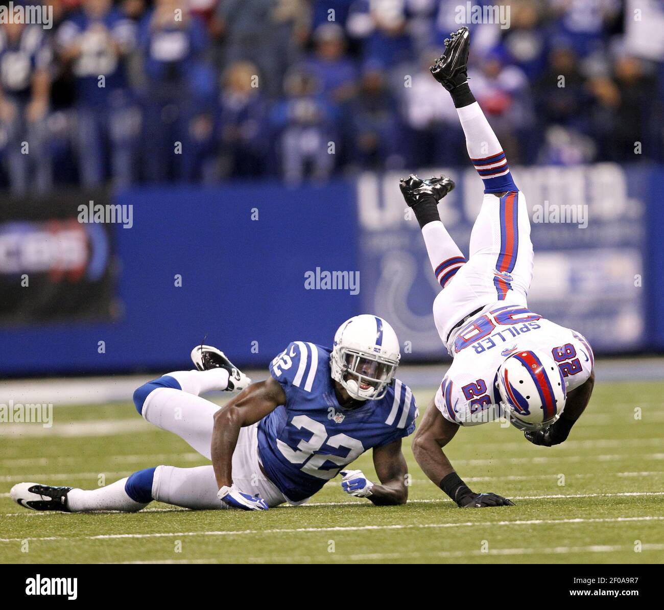 Indianapolis Colts cornerback Cassius Vaughn (32) upends Buffalo Bills ...