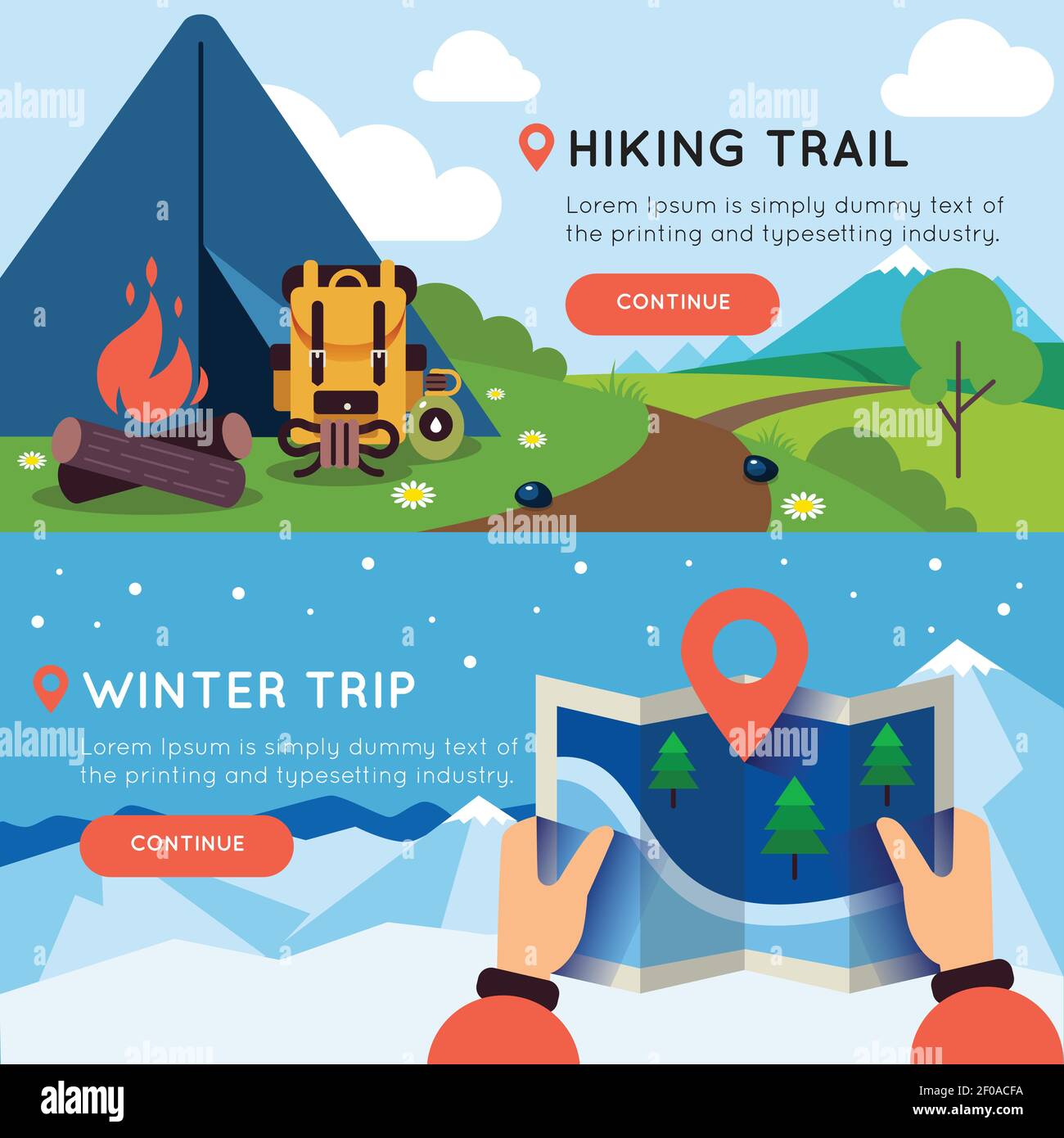 Camping colored banner set with headlines of hiking trail and winter ...