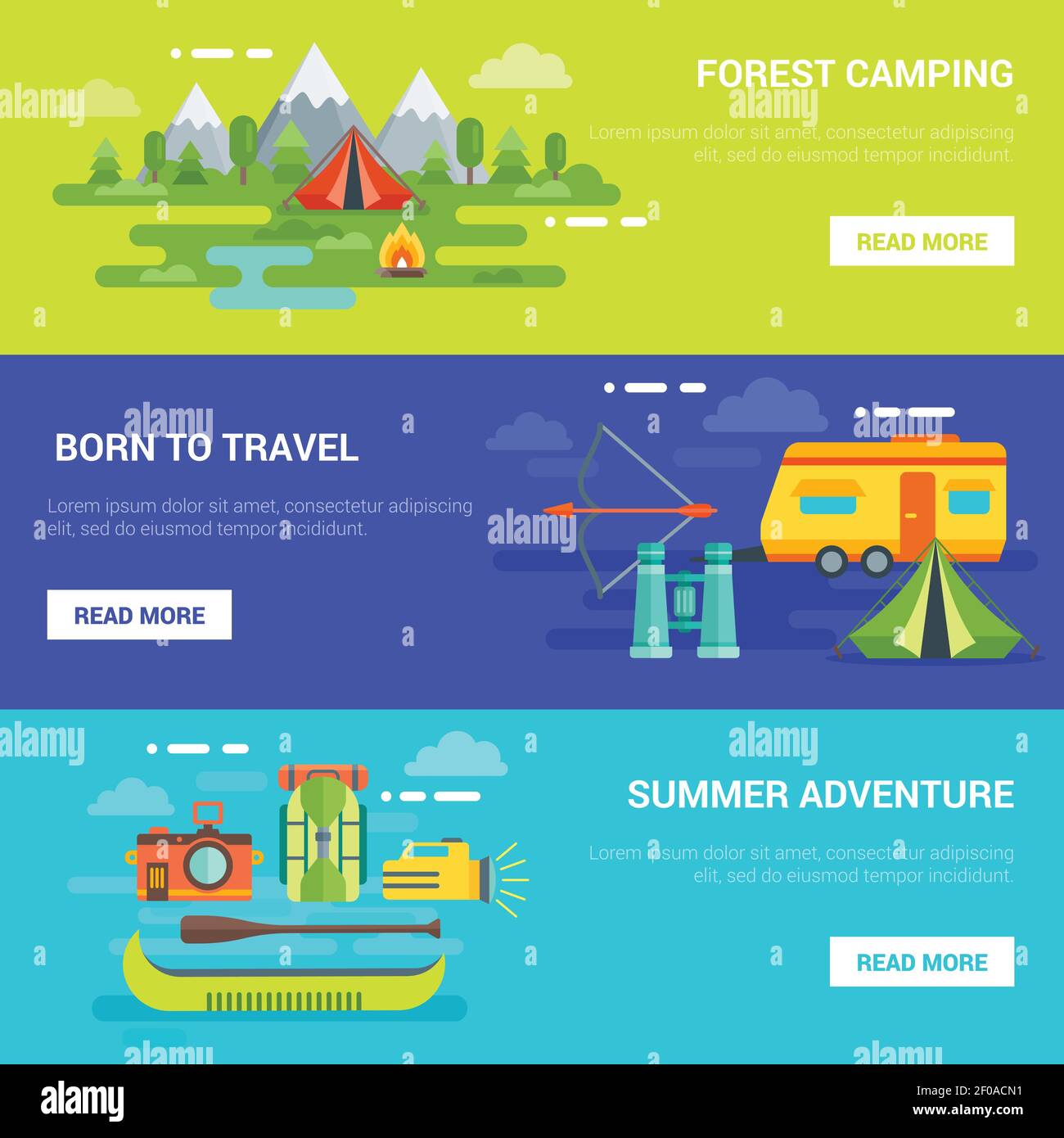 Summer tourist adventures horizontal banners with forest camping ...