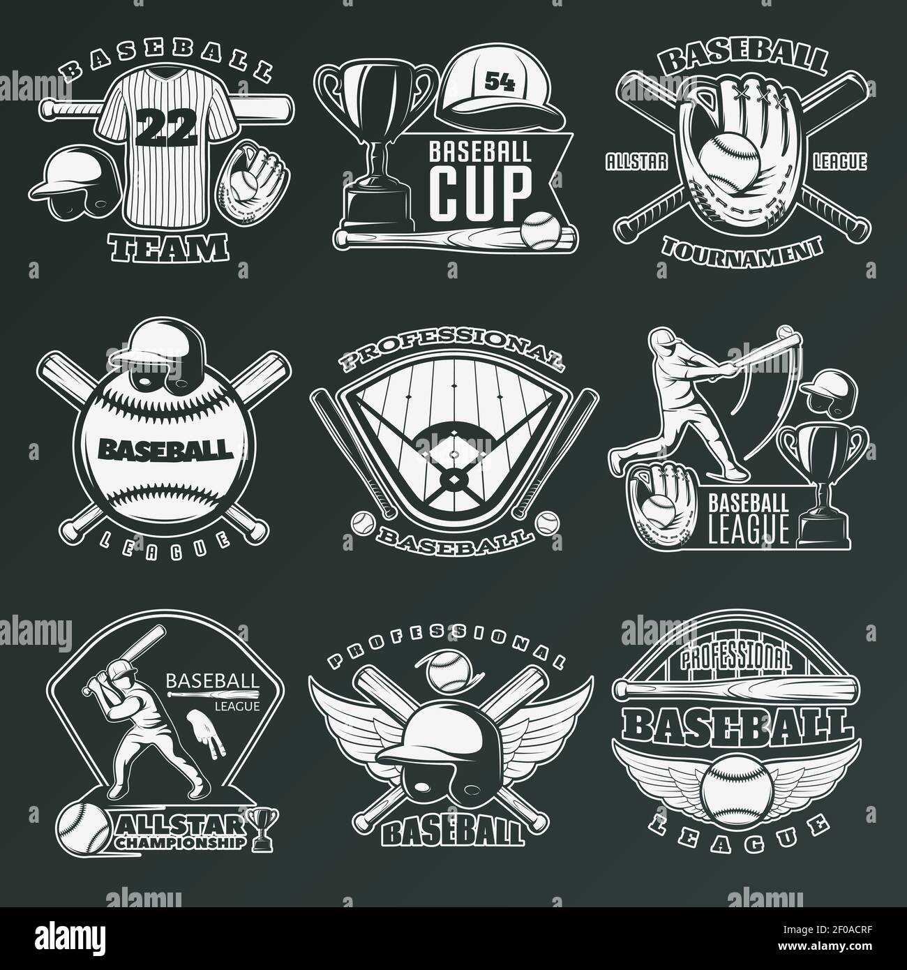 Baseball monochrome emblems of teams and competitions with sports ...