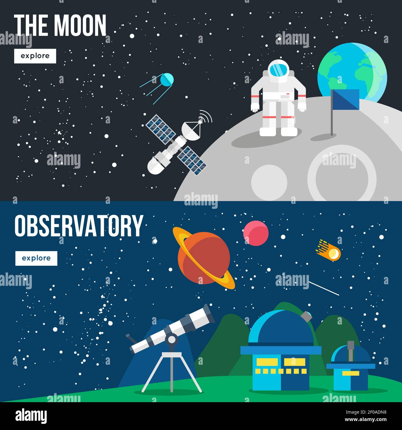Two colored horizontal space universe banner set on the moon and ...