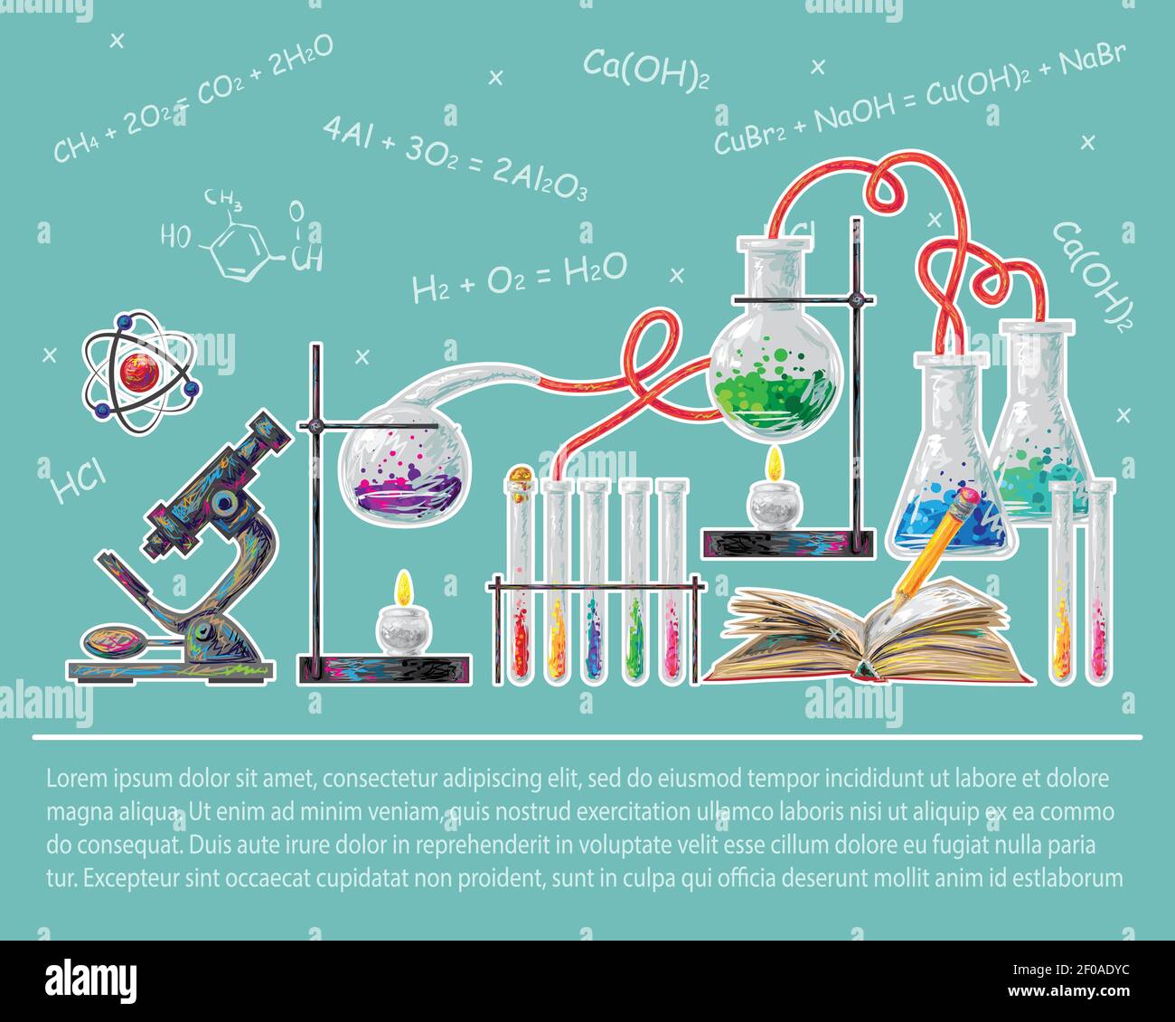 Science colored poster with chemical formulas and process of carrying ...