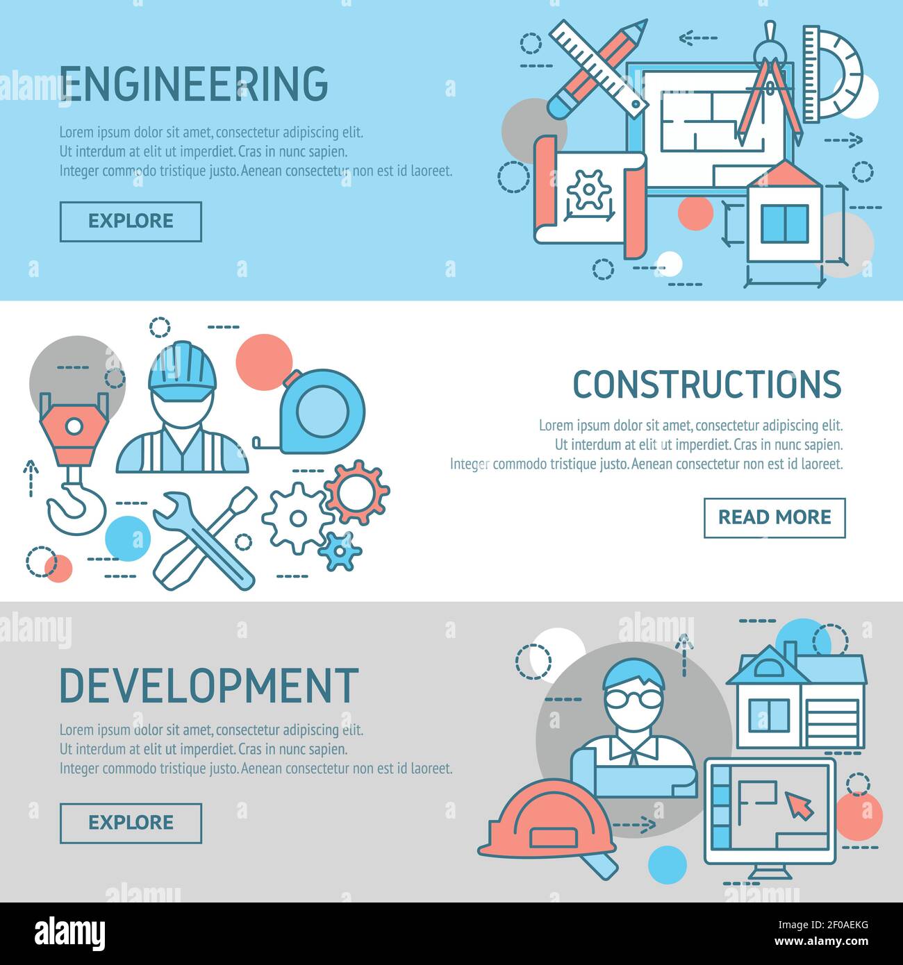 Engineering and constructions horizontal banners set with worker ...
