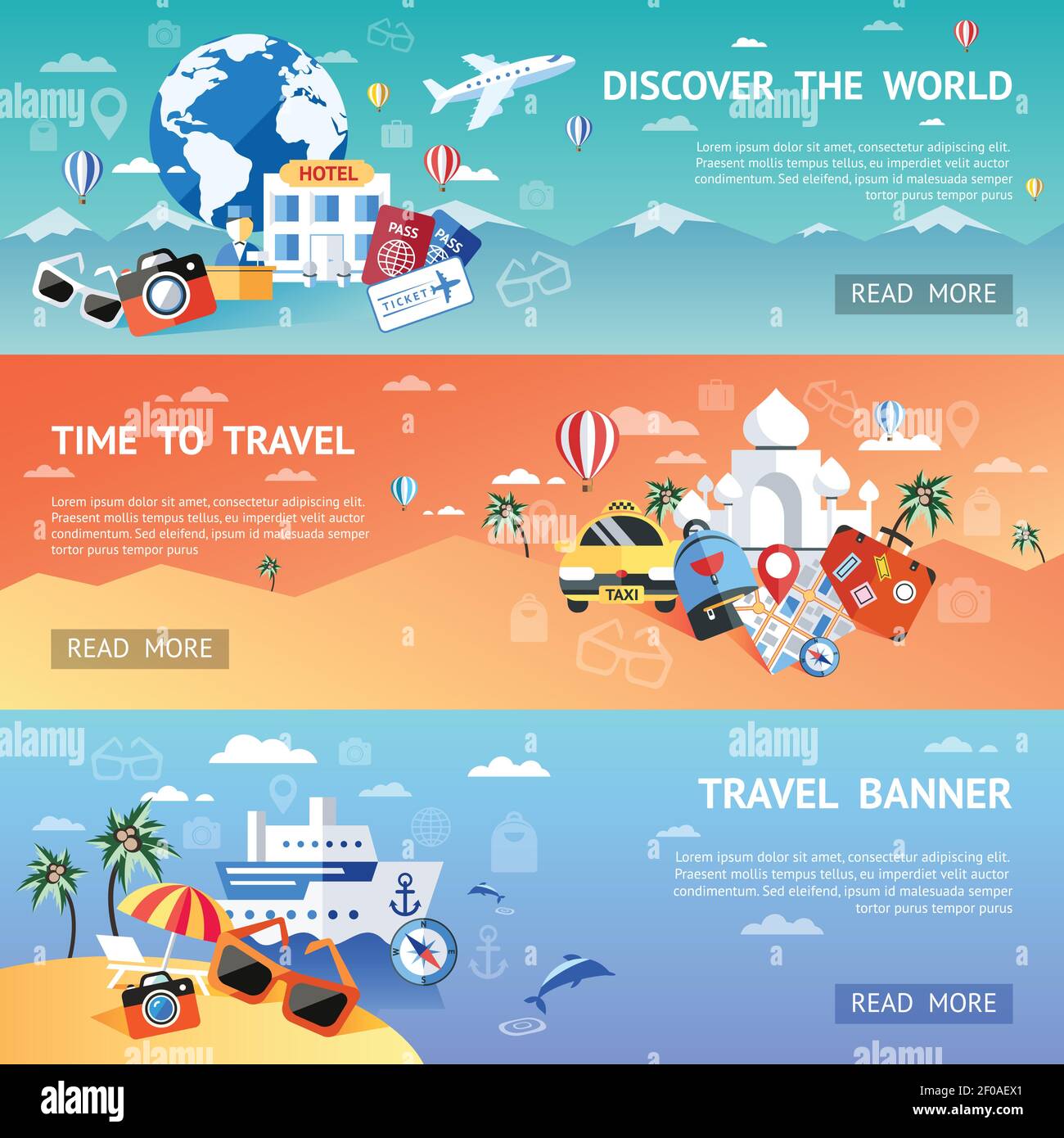 Travel Flat colored horizontal banner set with slogans of discover the ...