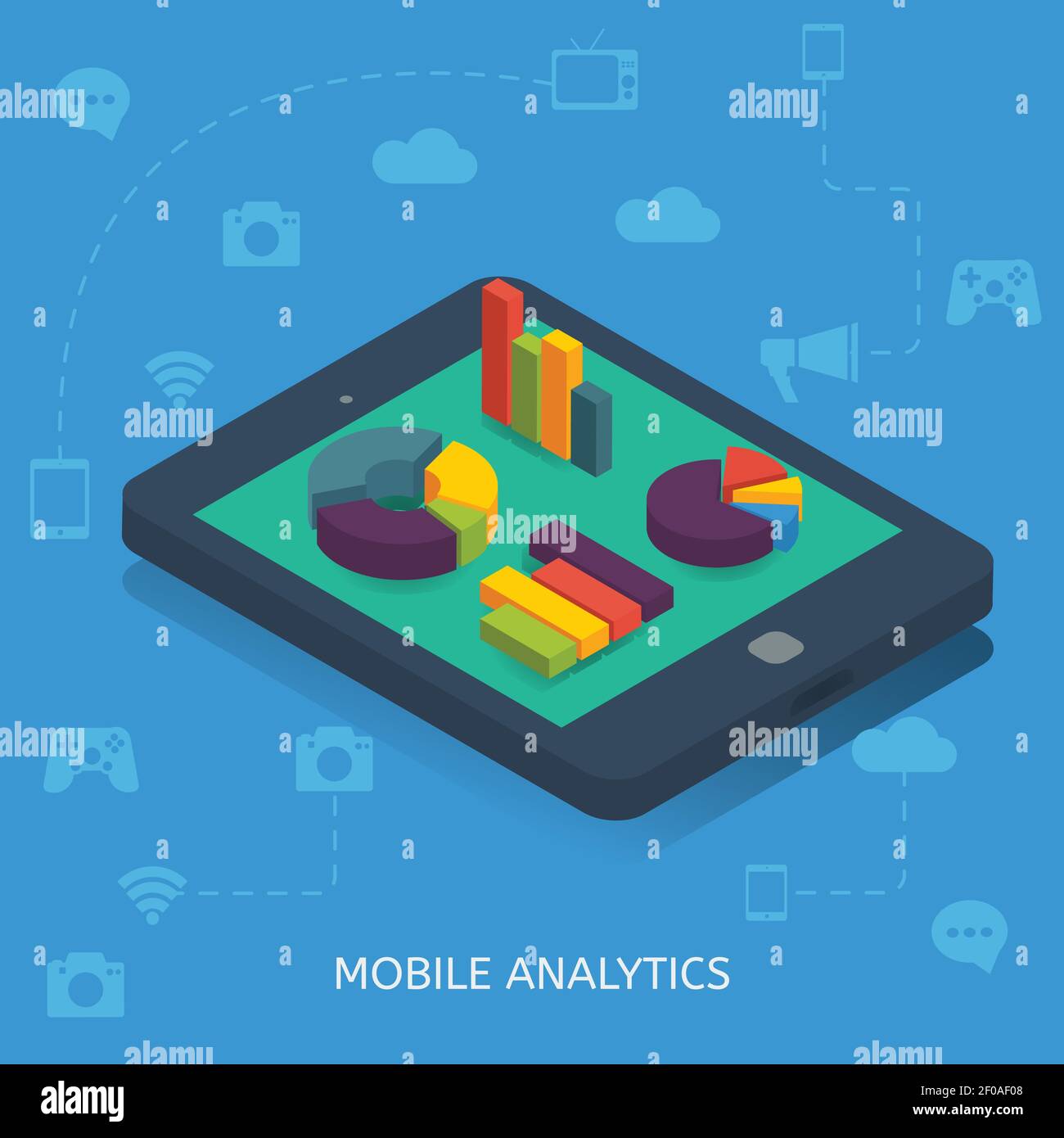 Mobile analytics isometric design with round diagrams and bar charts at ...