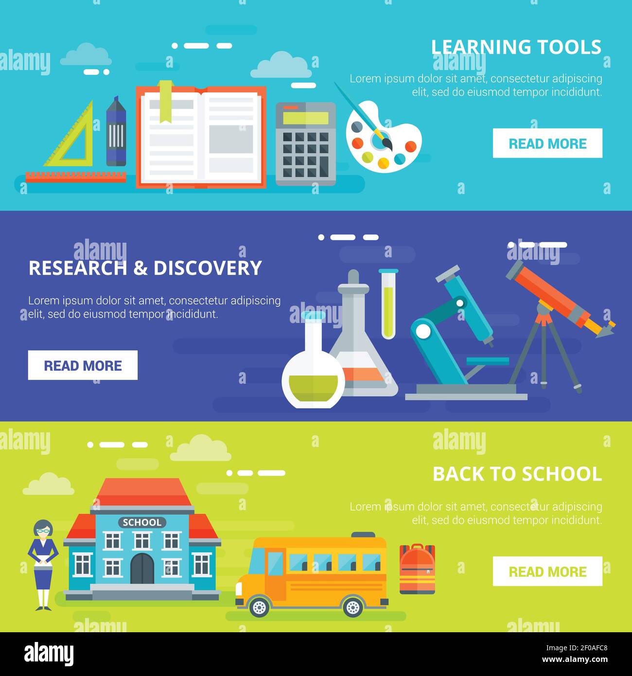 Education horizontal banners set with learning tools research and ...