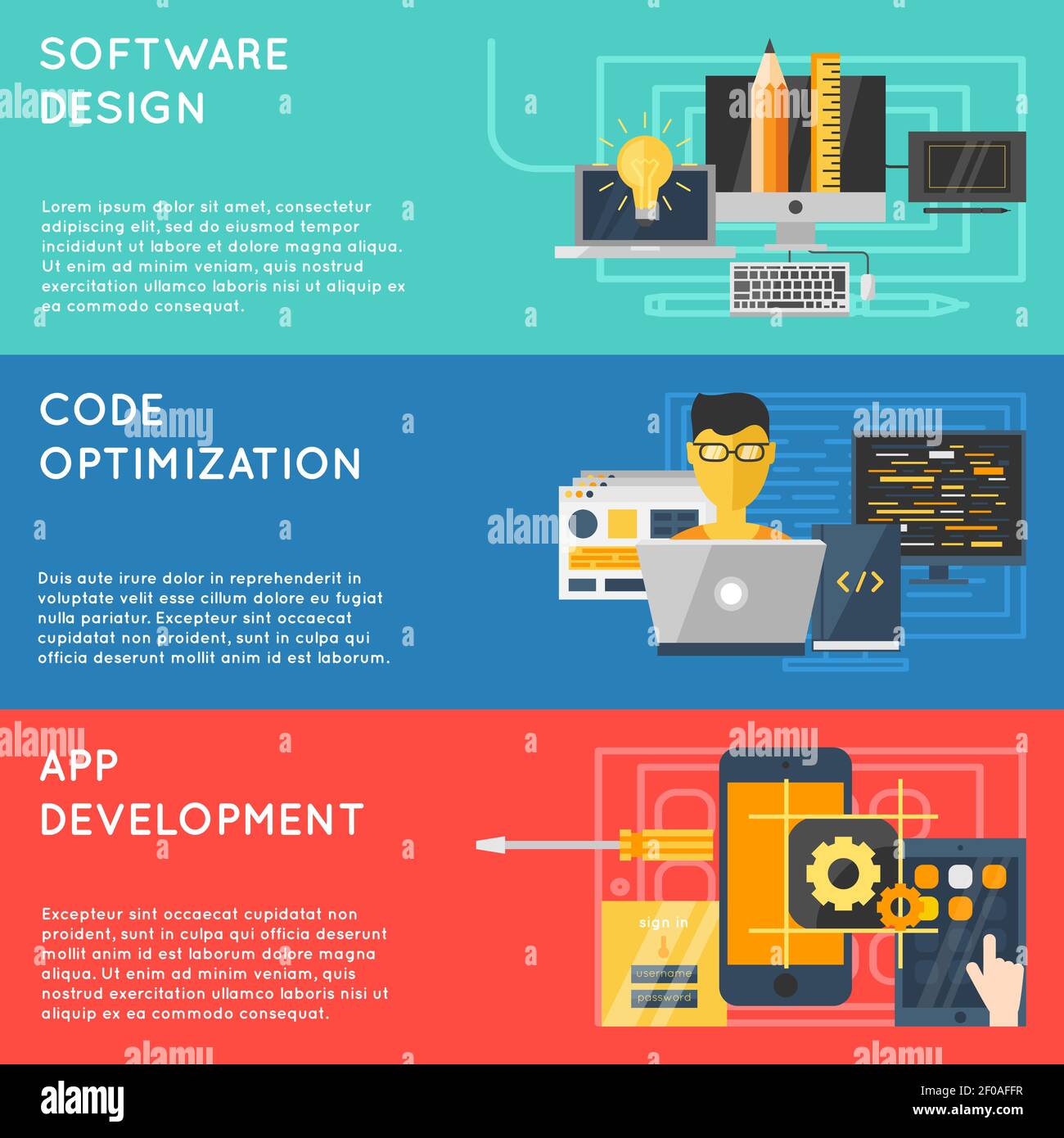 Horizontal program development banner set with descriptions of software ...