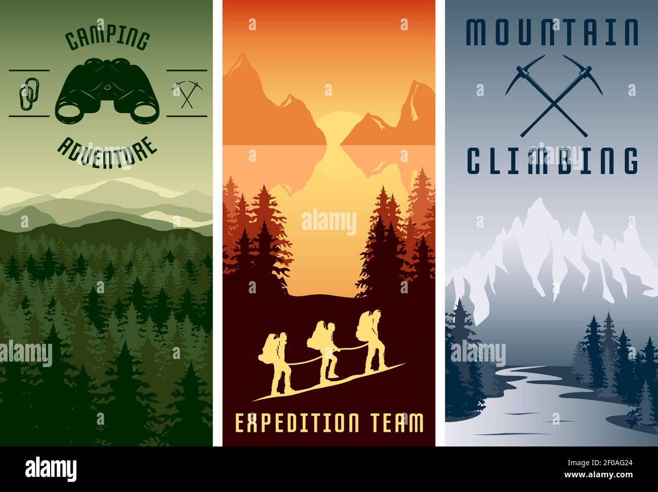 Mountain expeditions vertical banners set with natural landscape ...