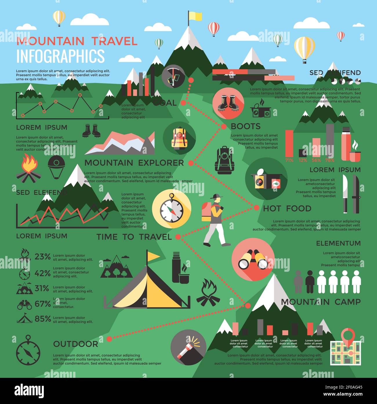 Mountain travel infographics with camping equipment climbing tools ...