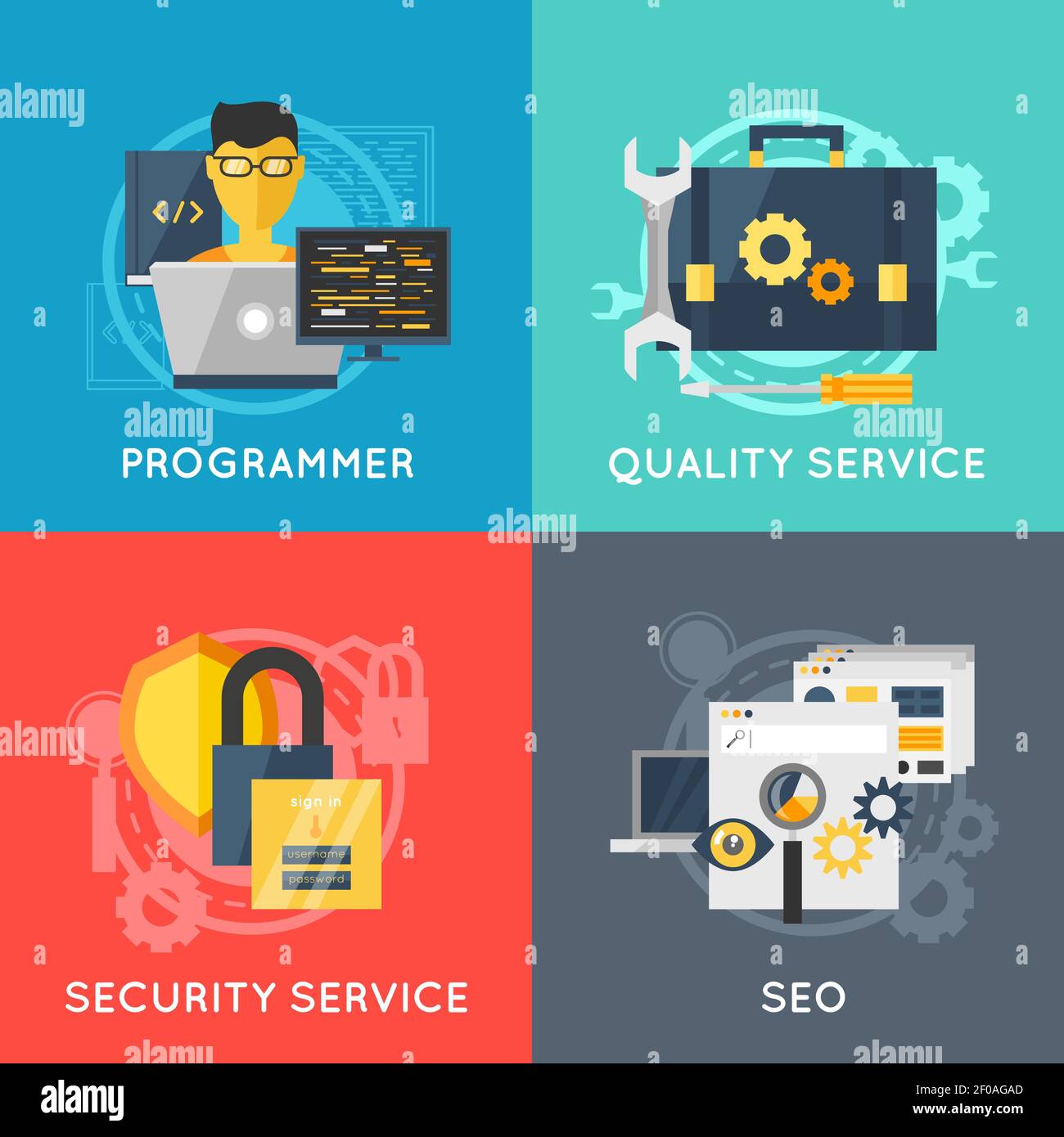 Four square program development flat colored icon set with descriptions ...