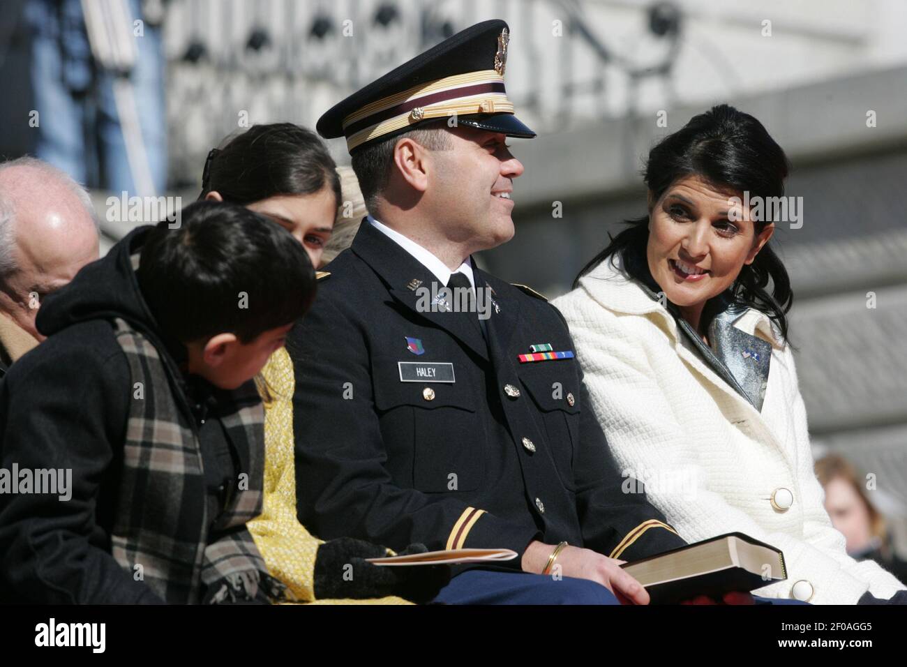 Nikki Haley, right, sits with her husband Michael, and children Nalin ...