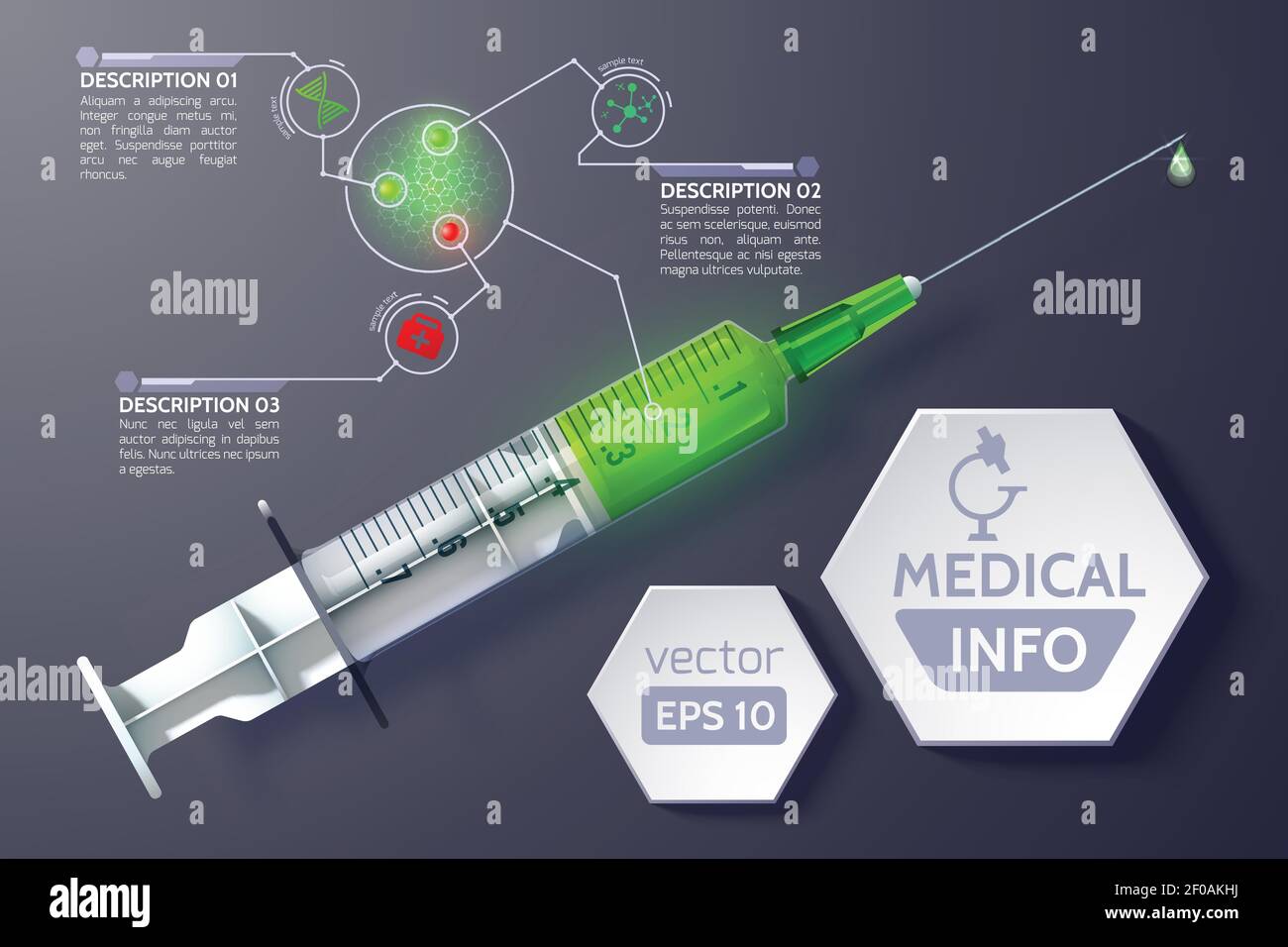 Medical science infographics with syringe hexagons text and simple ...