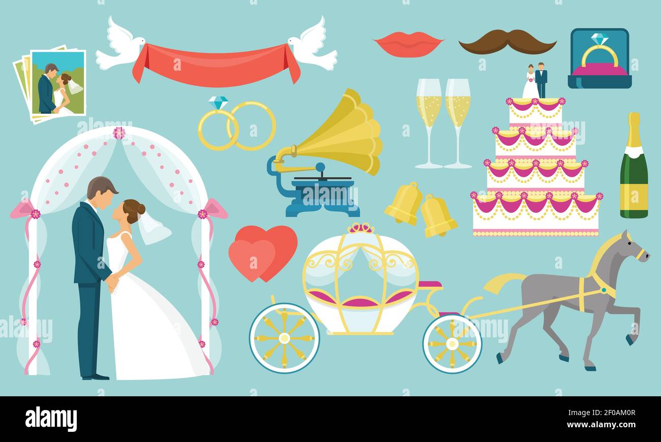 Flat colored wedding icon set with isolated figures of bride and groom ...