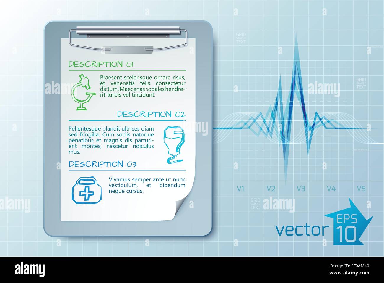 Medical care concept with clipboard text three descriptions sketch ...