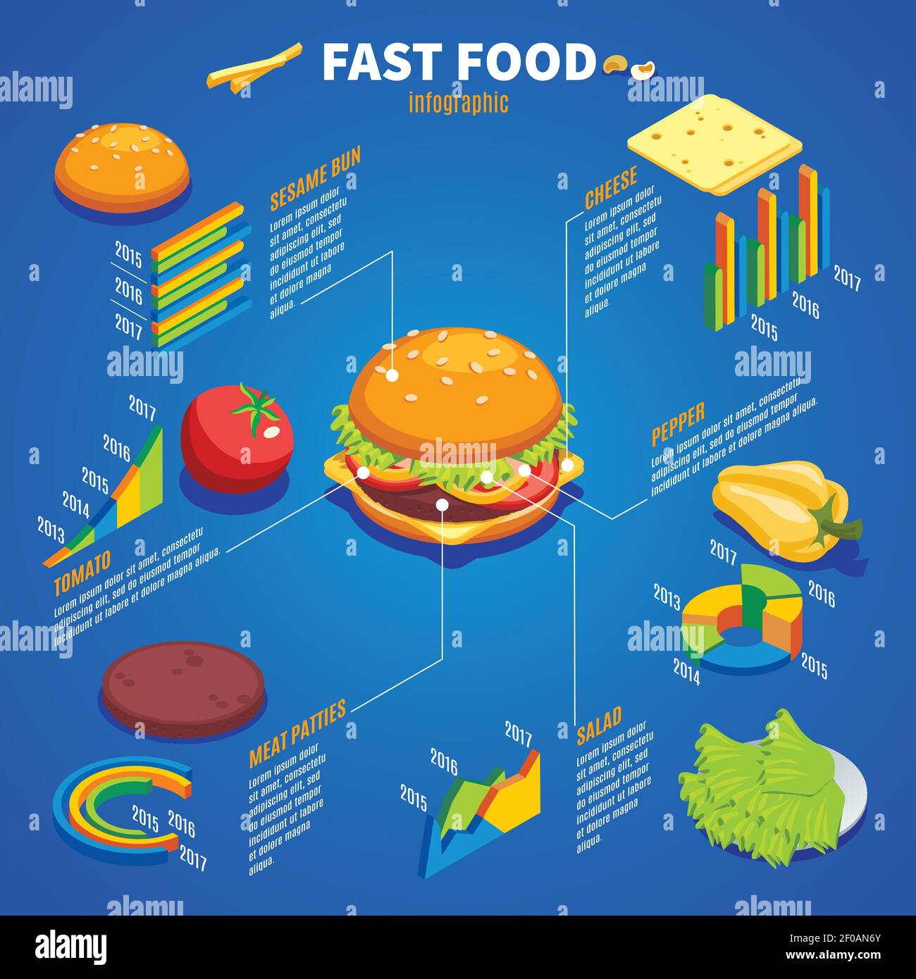Isometric fast food infographic template with bun cheese pepper tomato ...
