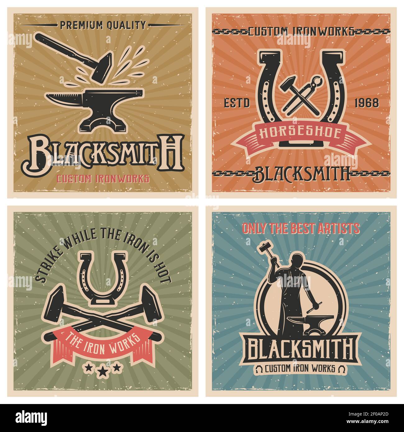Blacksmith retro icon set with descriptions of custom ironworks strike ...