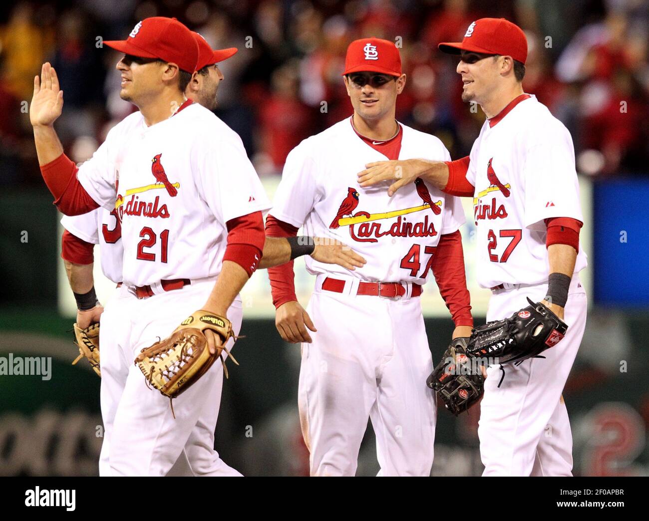 The St. Louis Cardinals celebrate a 5-1 win over the Houston Astros at ...