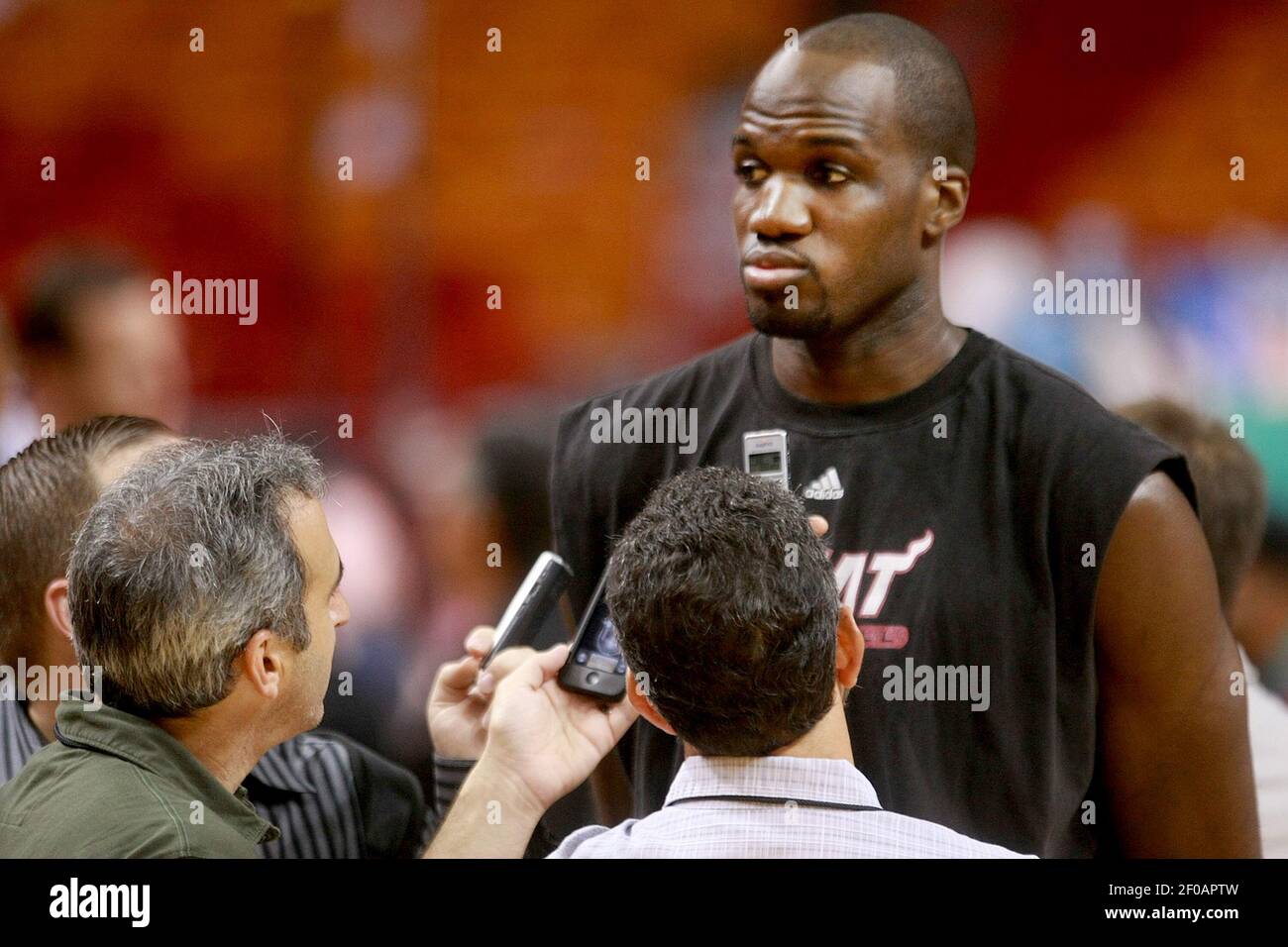 Joel Anthony of the Miami Heat listens to questions from the media at ...