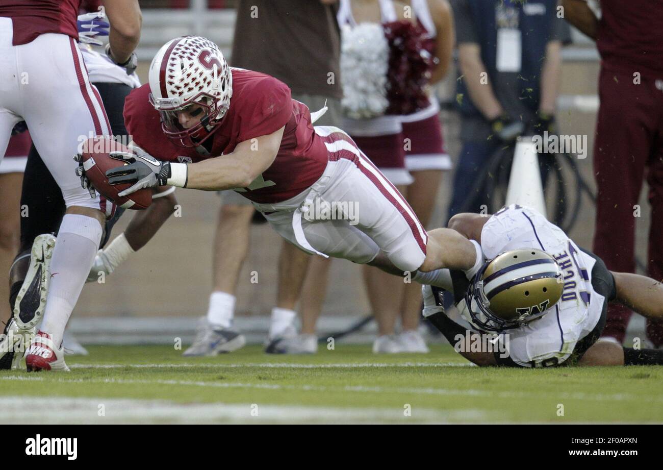 Stanford Cardinal's Griff Whalen (17) dives to the one yard-line ...