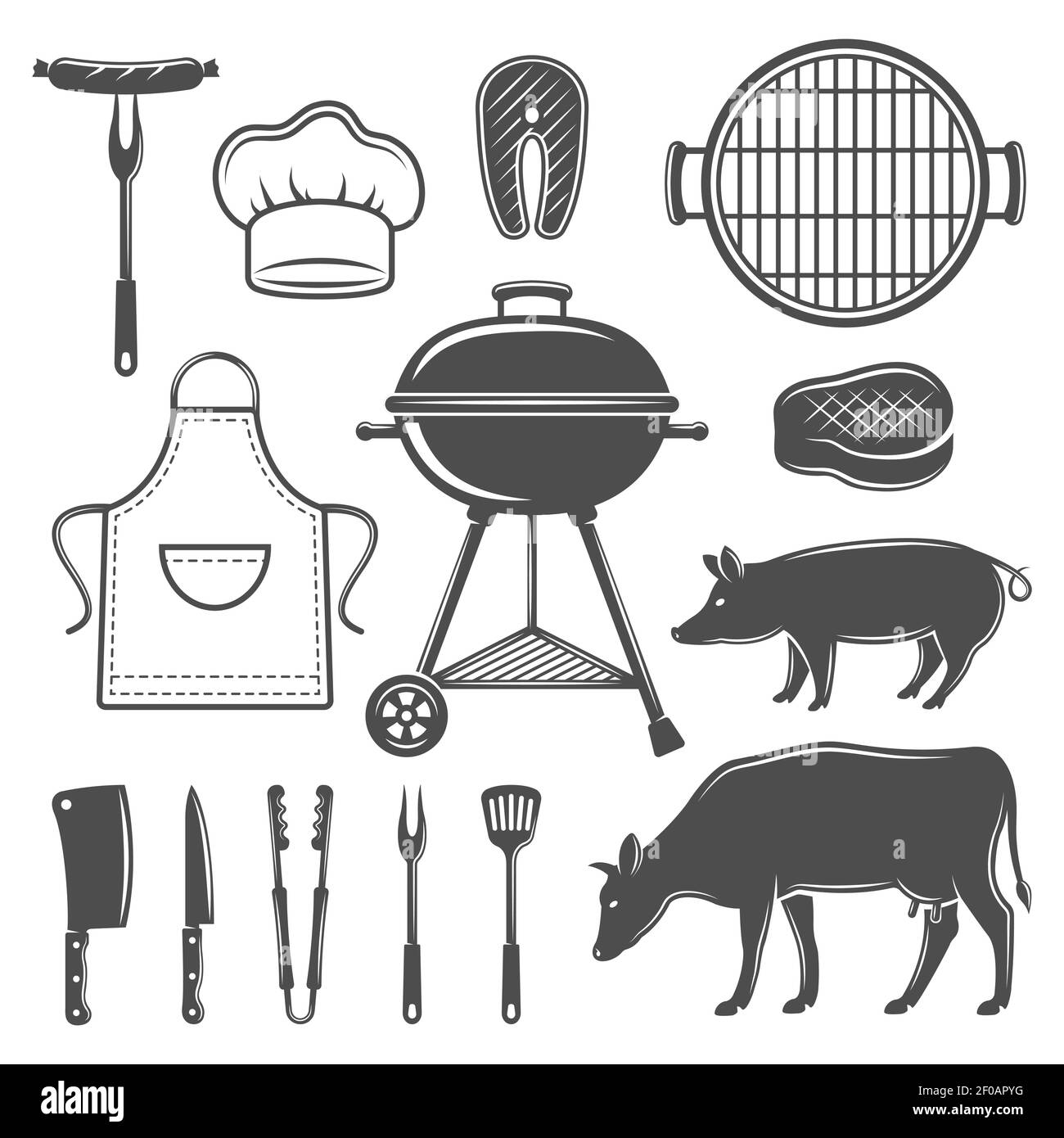 BBQ decorative graphic flat icons set with grill cooking tools cow pig ...