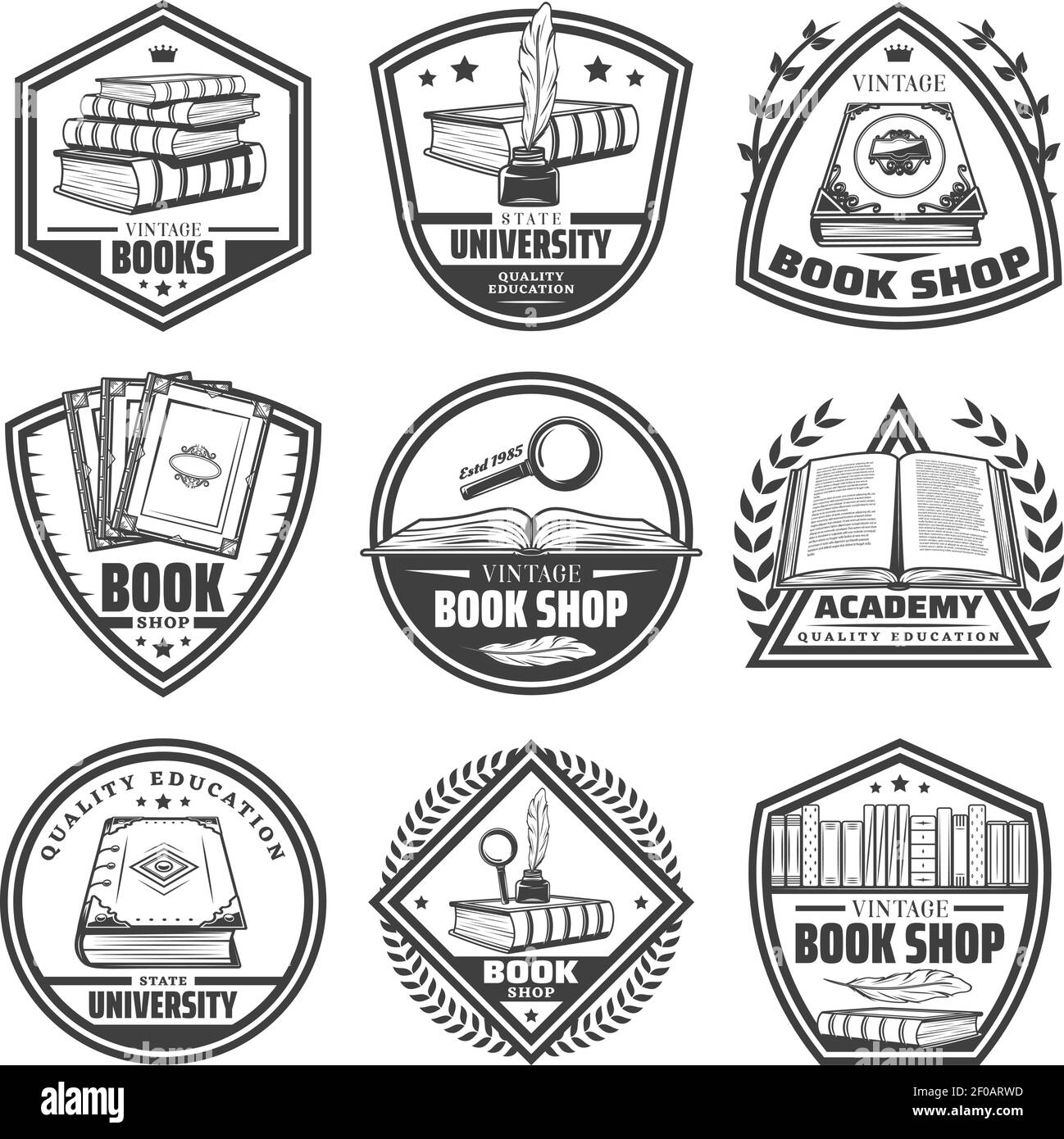 Vintage monochrome bookstore labels set with inscriptions books ...