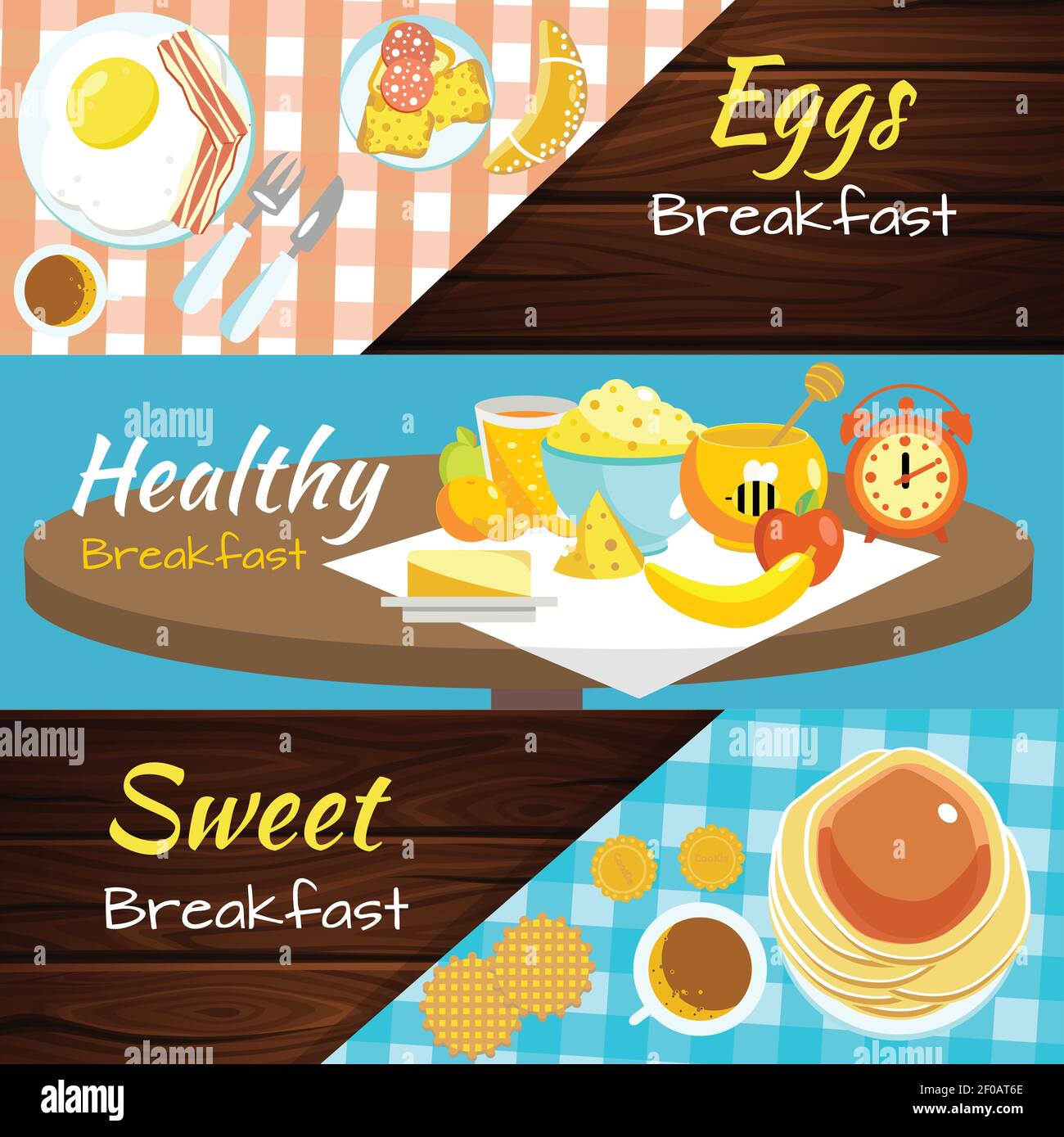 Three horizontal top view flat breakfast banner set with inscriptions ...