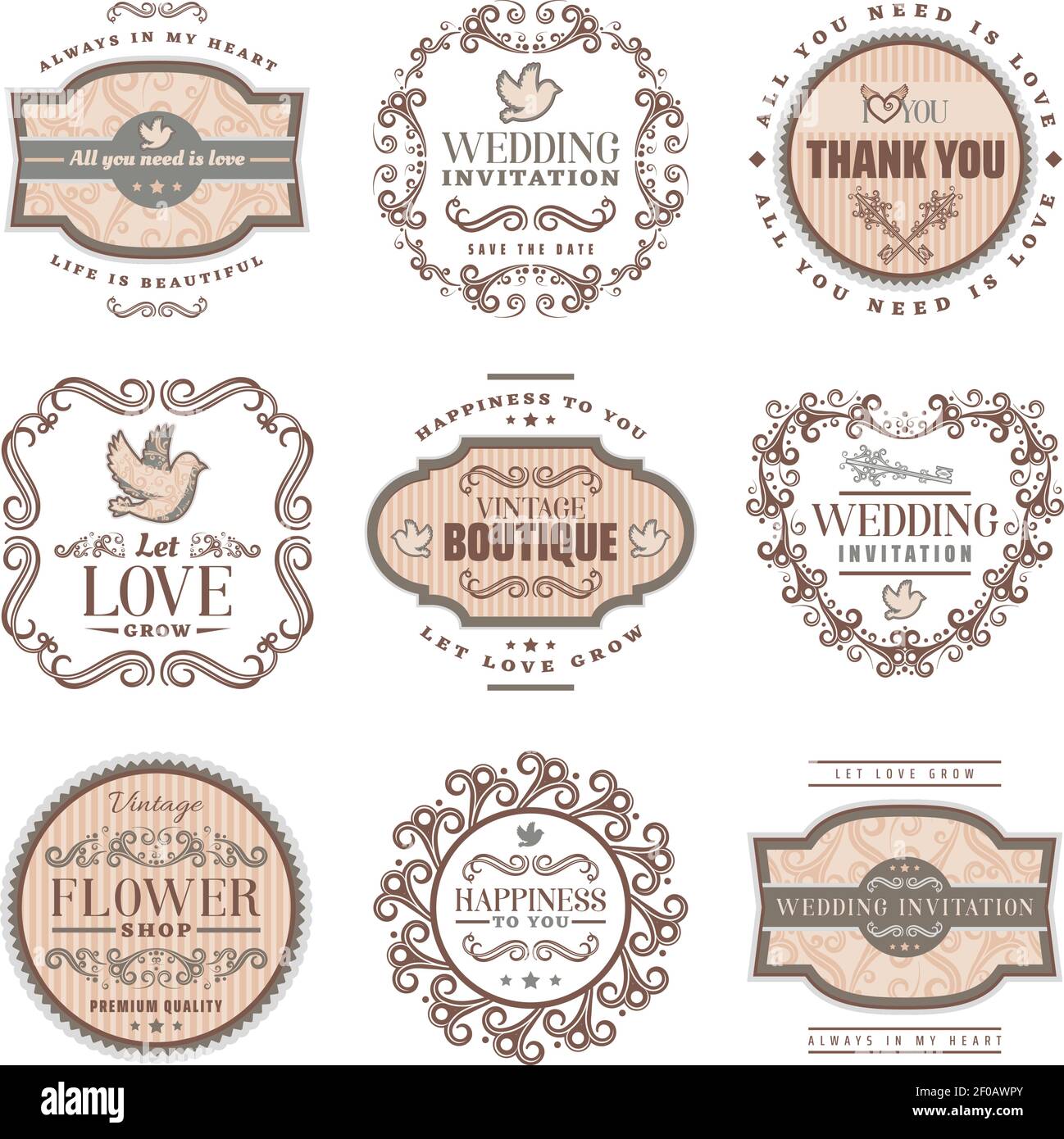 Vintage romantic labels set with wedding invitation love amorous ...