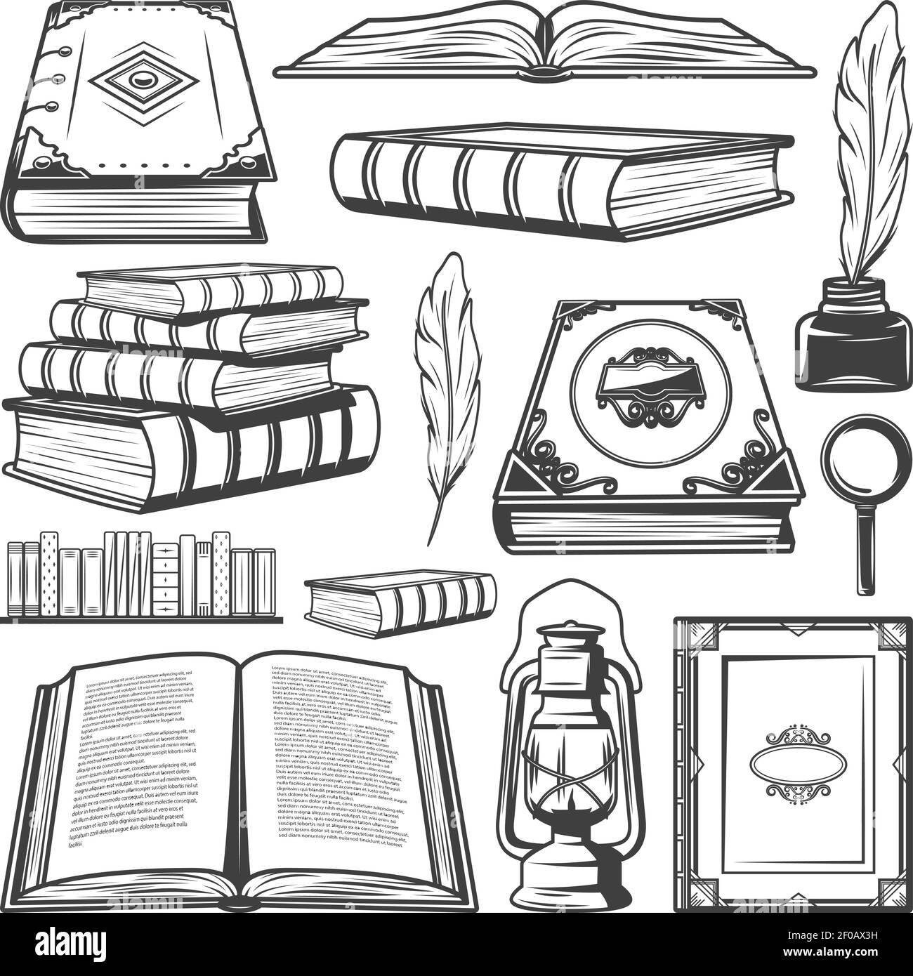 Vintage book elements collection with different books bookshelf ...